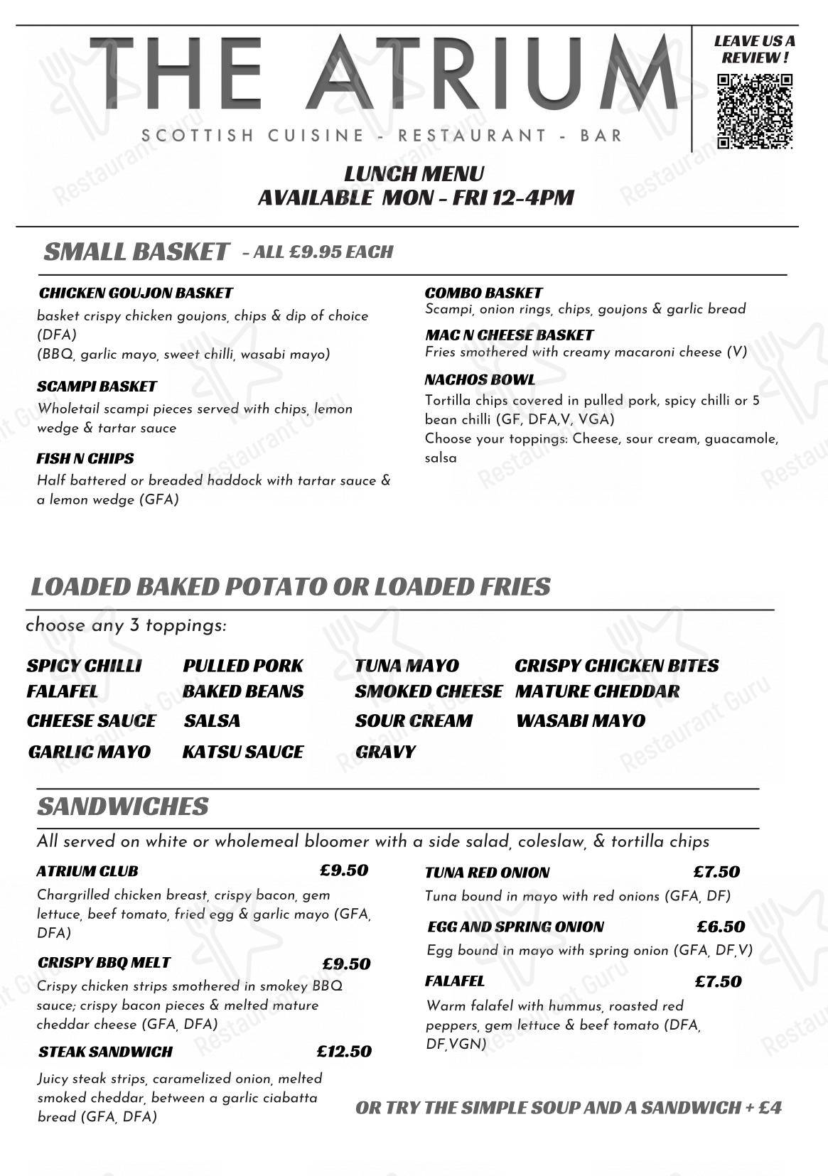 Menu at The Atrium Restaurant & Bar, Aberdeen
