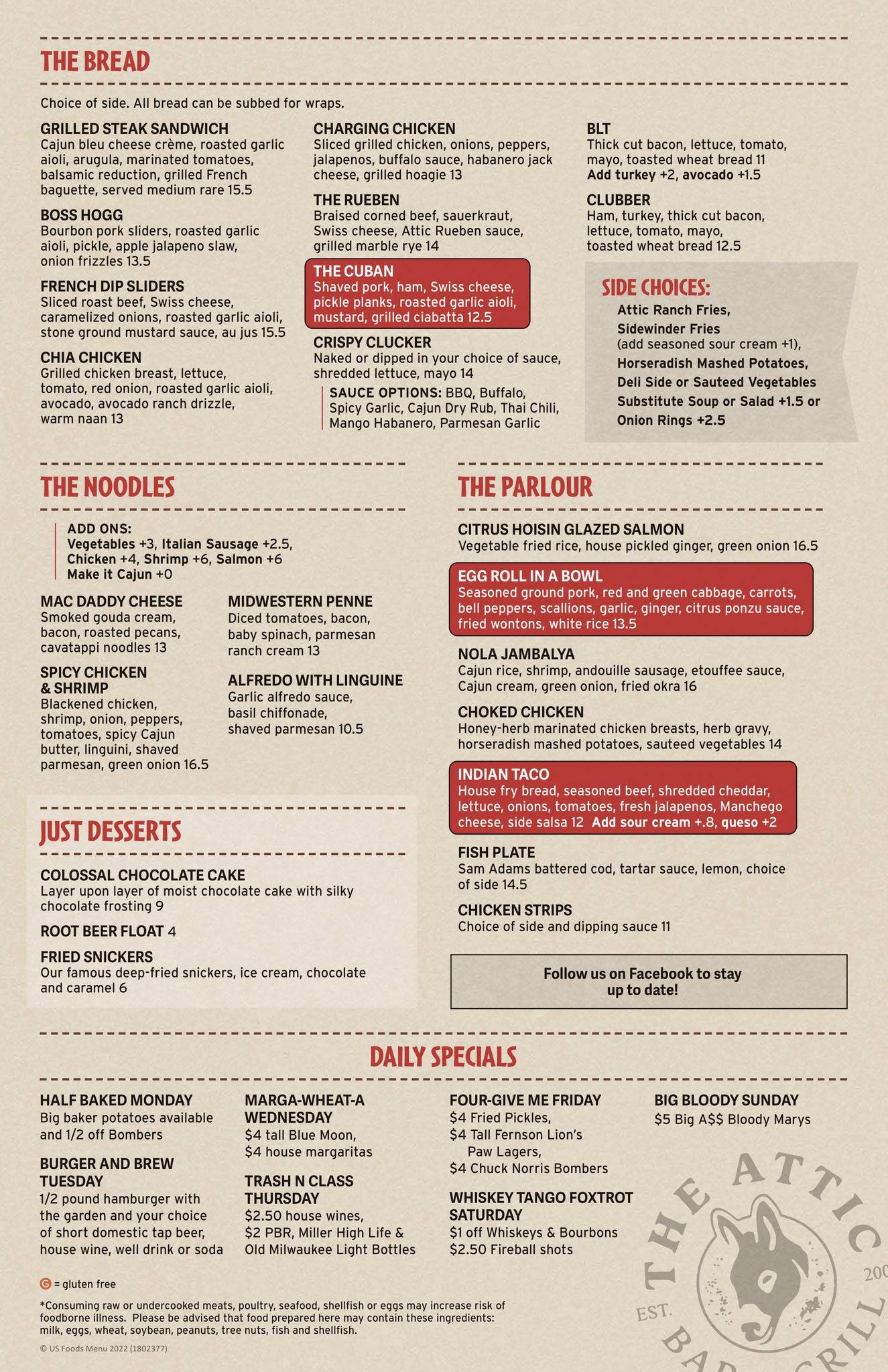 Menu at The Attic East Bar and Grill, Sioux Falls