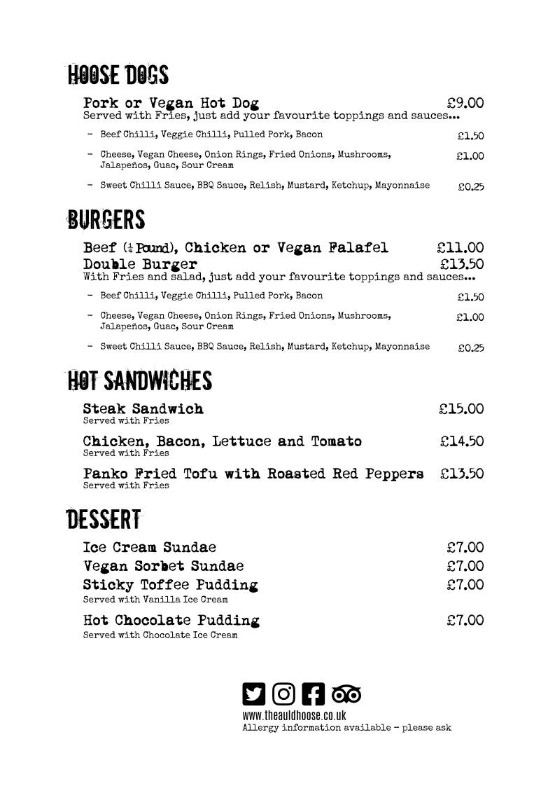 Menu at The Auld Hoose pub & bar, Edinburgh