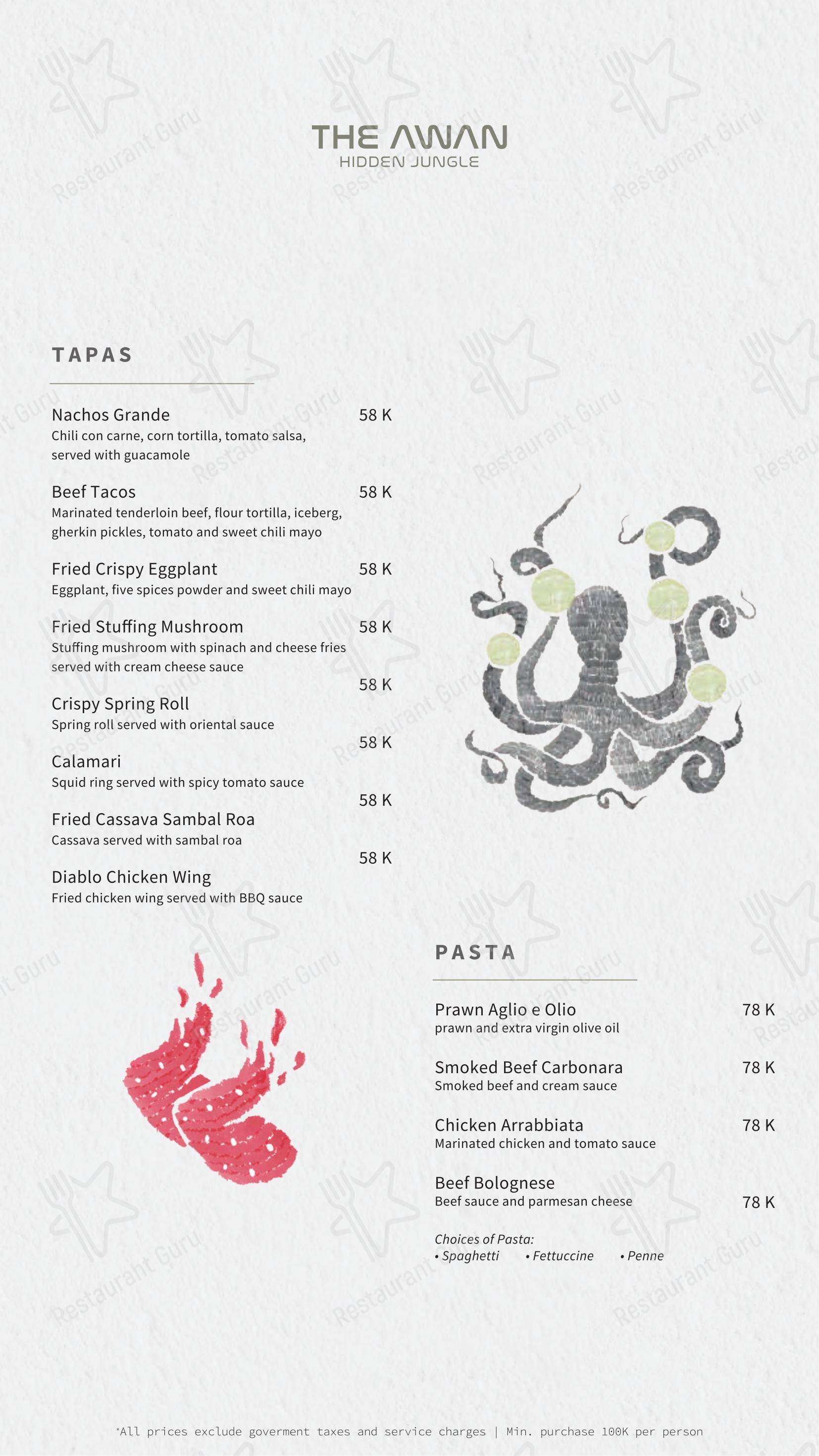 Menu at The Awan Lounge pub & bar, Jakarta