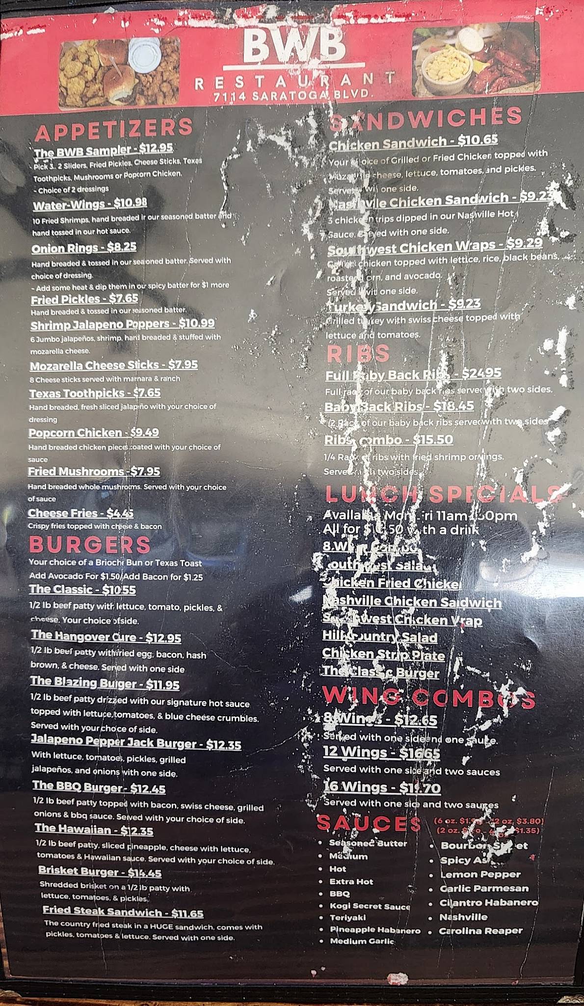 Menu at The BWB Restaurant, Corpus Christi, Saratoga Blvd Suite 222
