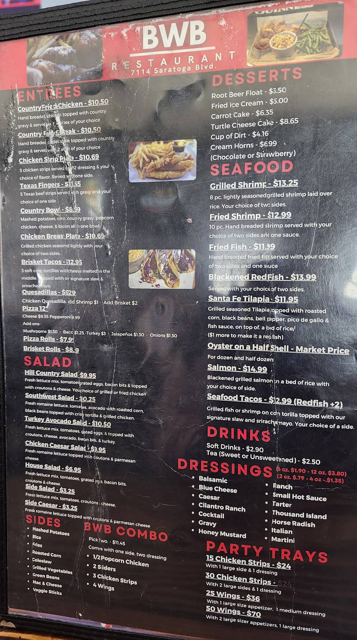 Menu at The BWB Restaurant, Corpus Christi, Saratoga Blvd Suite 222