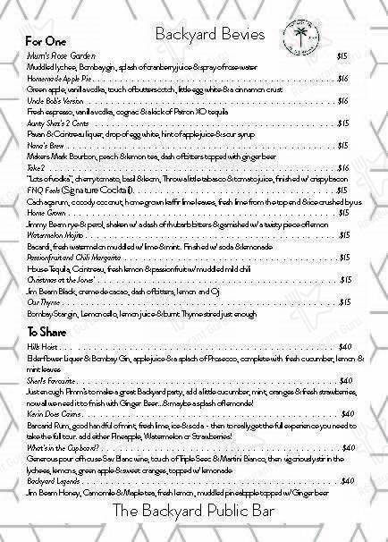 Menu at The Backyard Cairns restaurant, Cairns