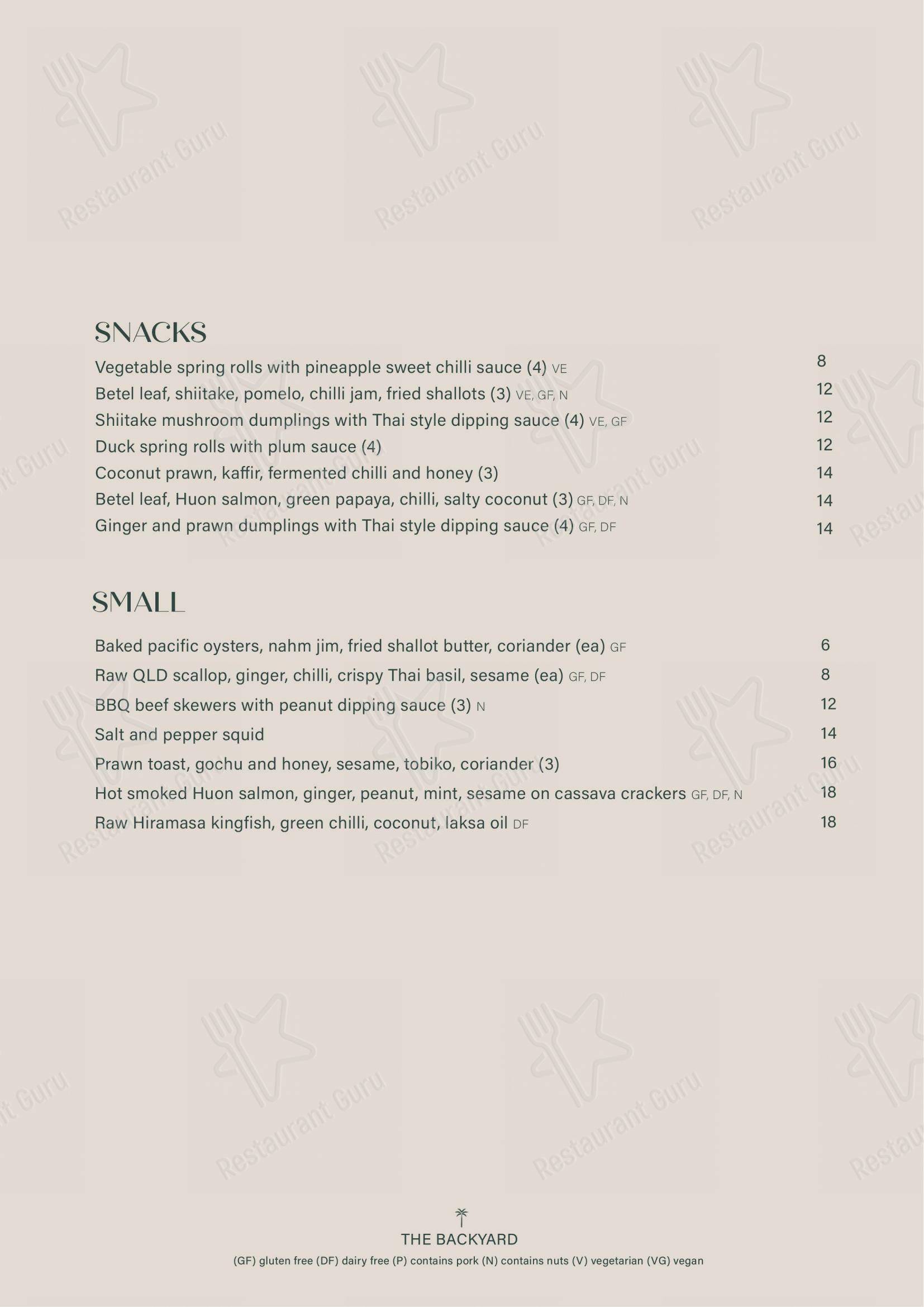 Menu at The Backyard pub & bar, Cairns City