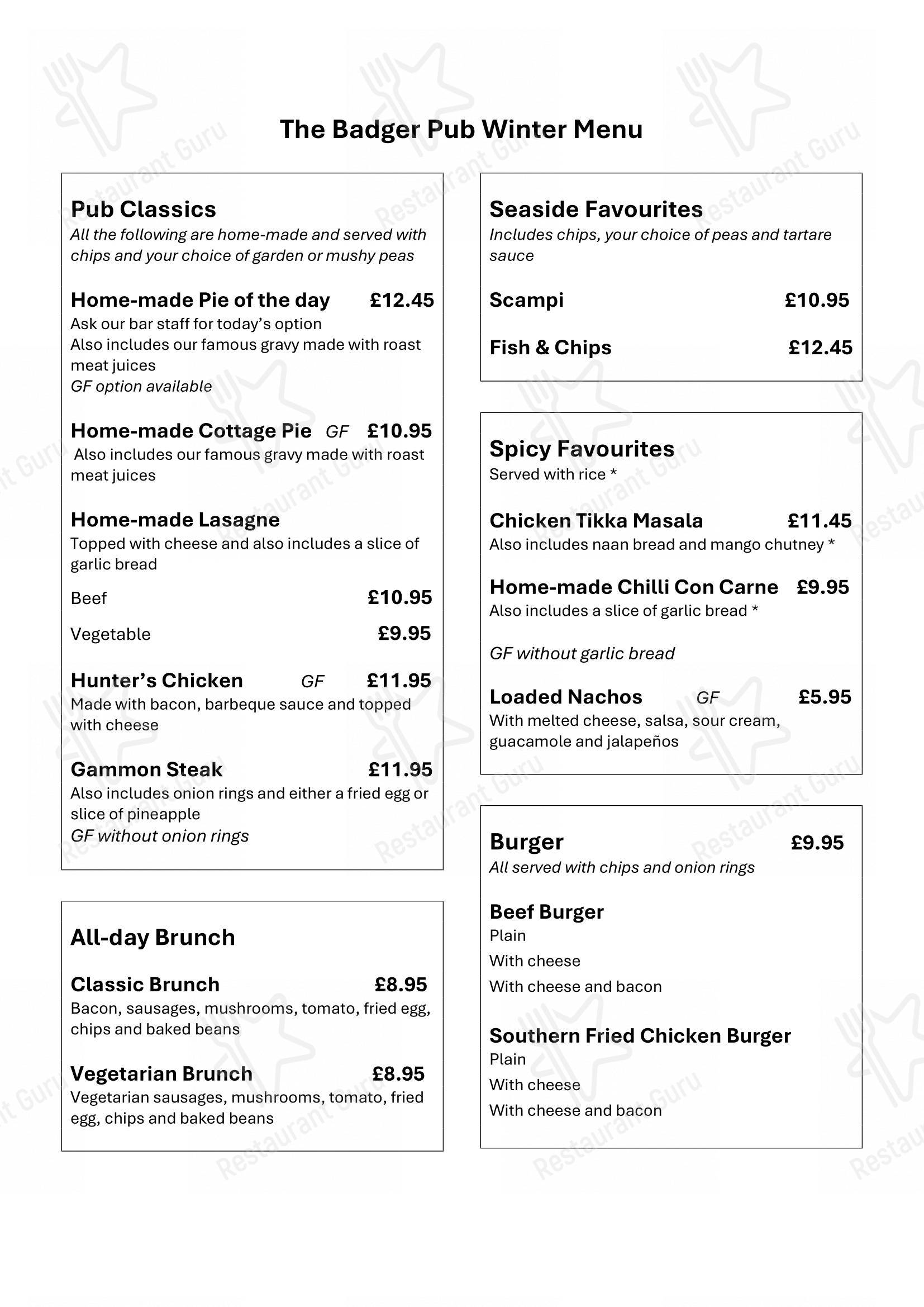 Menu at The Badger pub & bar, Chesterfield, The Badger