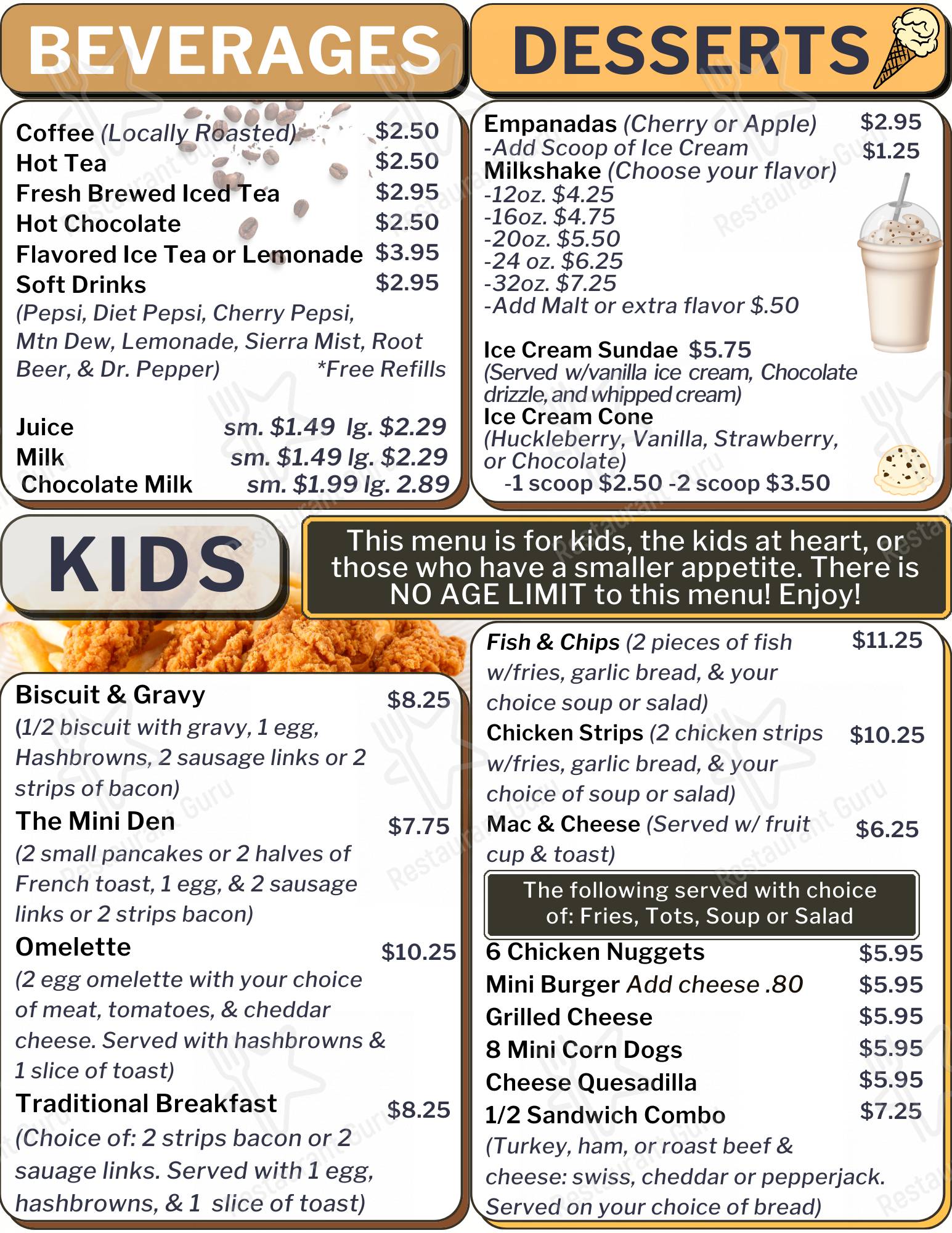 Menu at The Badger's Den restaurant, Bonners Ferry