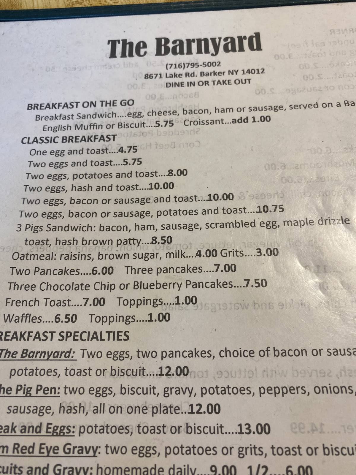 Menu at The Barnyard, Barker