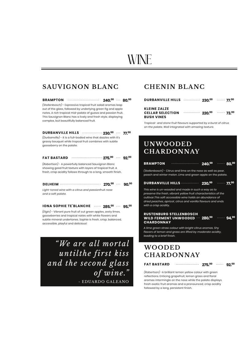 Menu at The Baron - Umhlanga, Durban