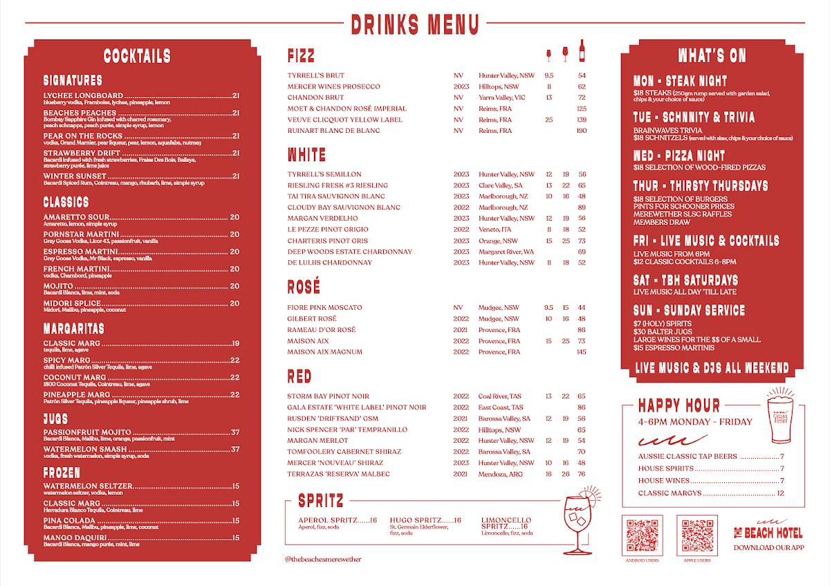 Menu at The Beach Hotel pub & bar, Merewether, 99 Frederick St