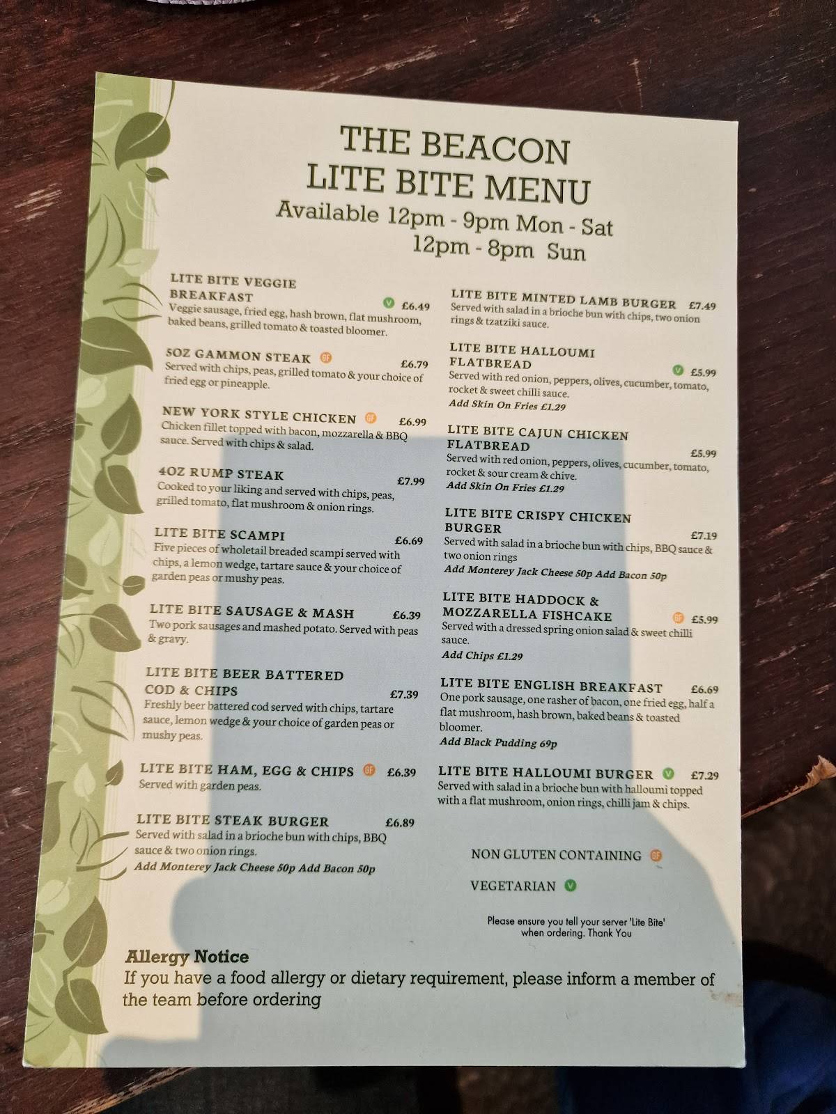 Menu at The Beacon pub & bar, Shrewsbury