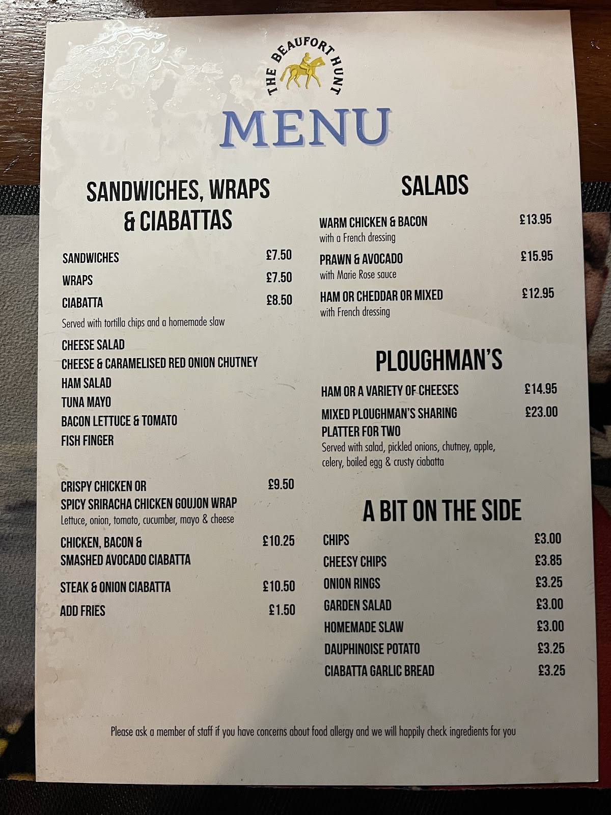Menu at The Beaufort Hunt pub & bar, Bristol, 72 Broad St