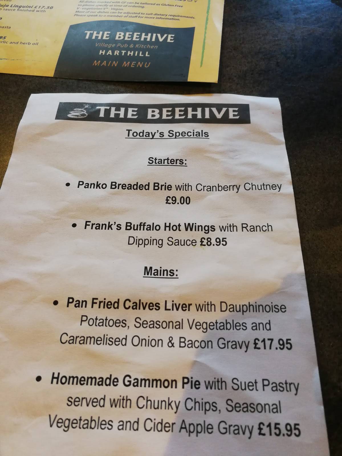 Menu at The Beehive pub & bar, Sheffield, 16 Union St