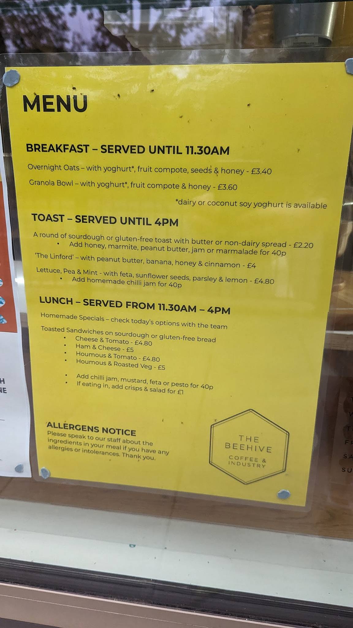 Menu at The Beehive cafe, London, 305 Cambridge Heath Rd