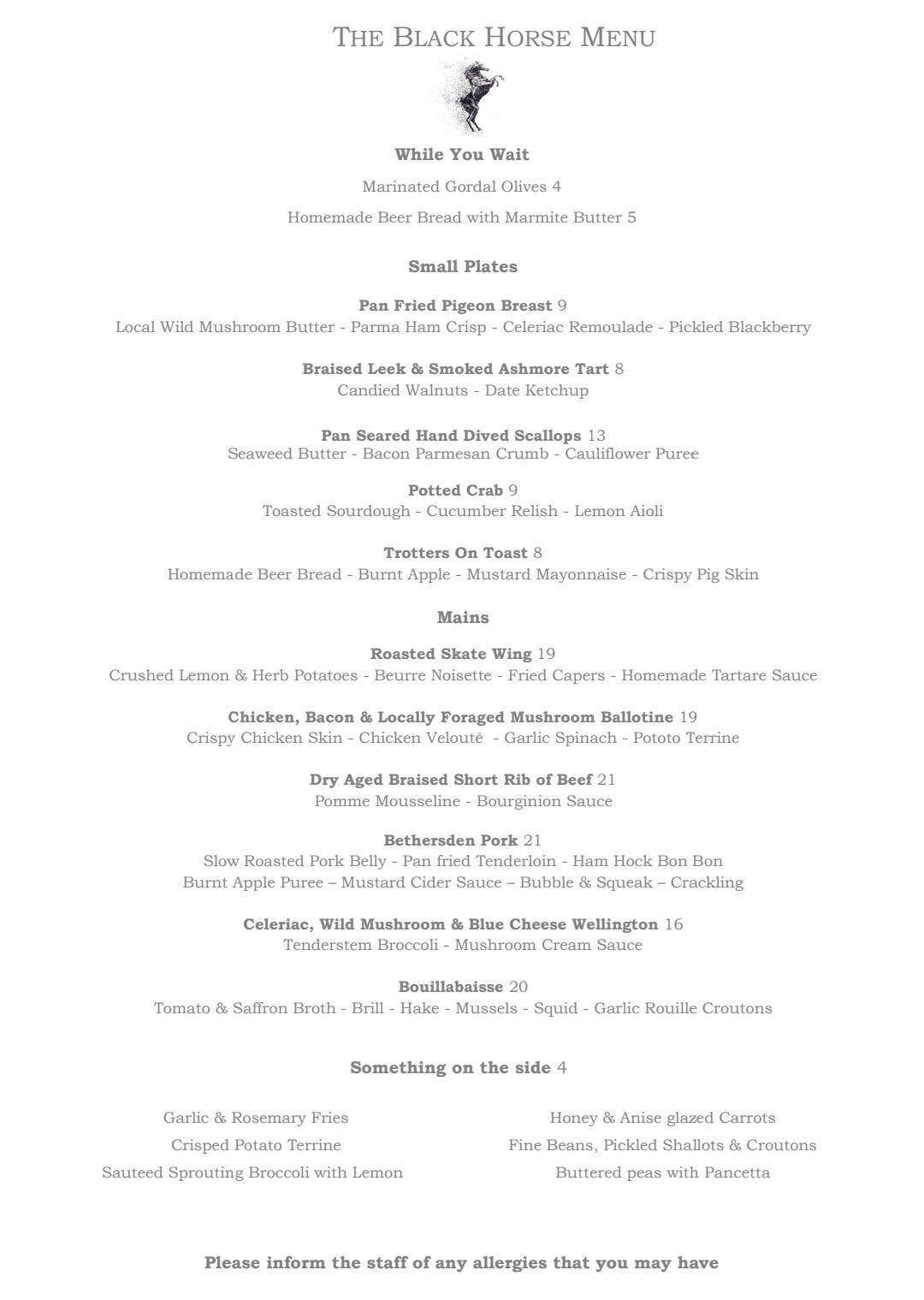 Menu at The Black Horse pub,Pluckley, Bethersden, The St