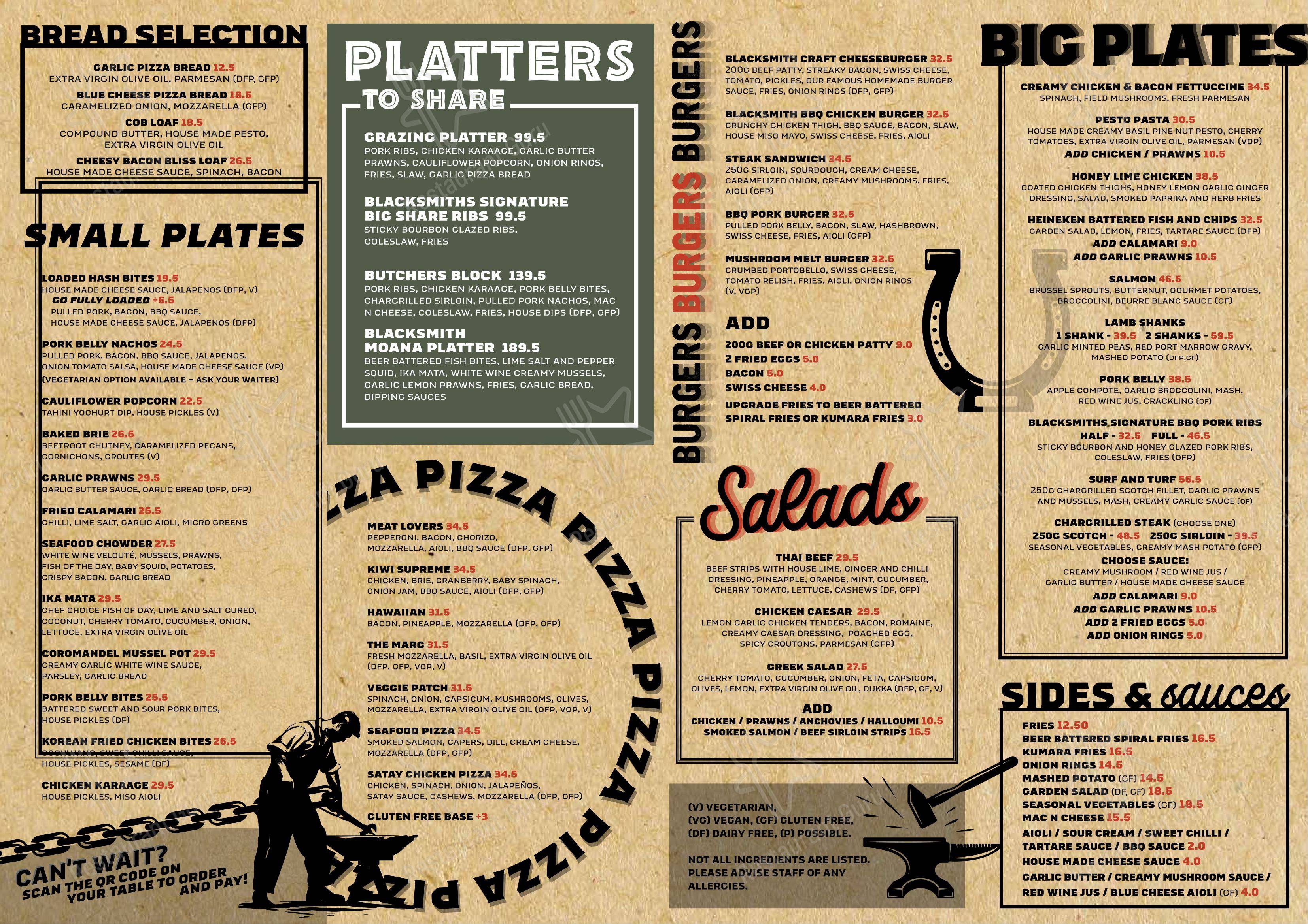 Menu at The Blacksmith Eatery & Bar, Papakura