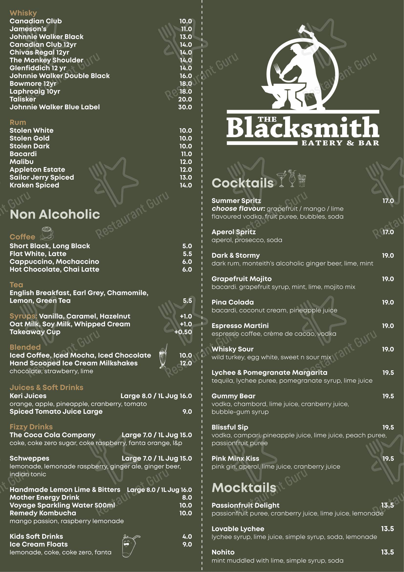 Menu at The Blacksmith Eatery & Bar, Auckland