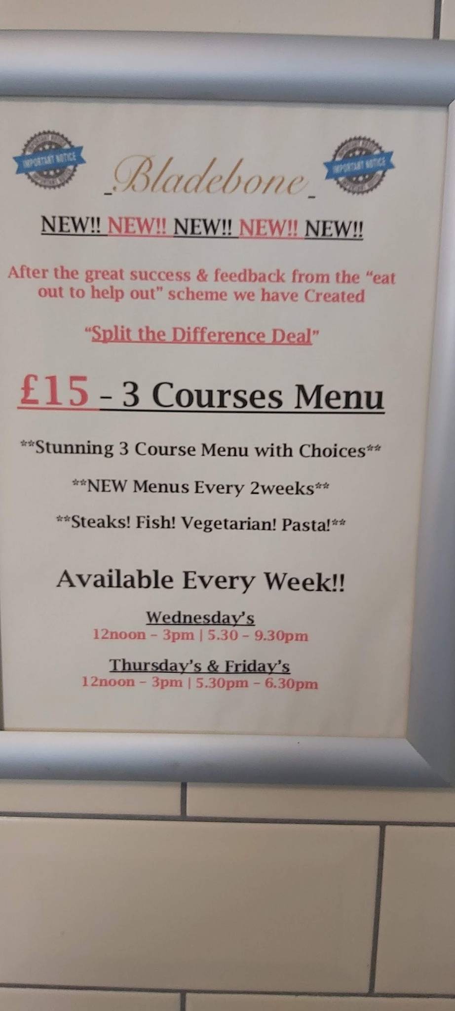 Menu at The Bladebone Inn pub & bar, Beenham