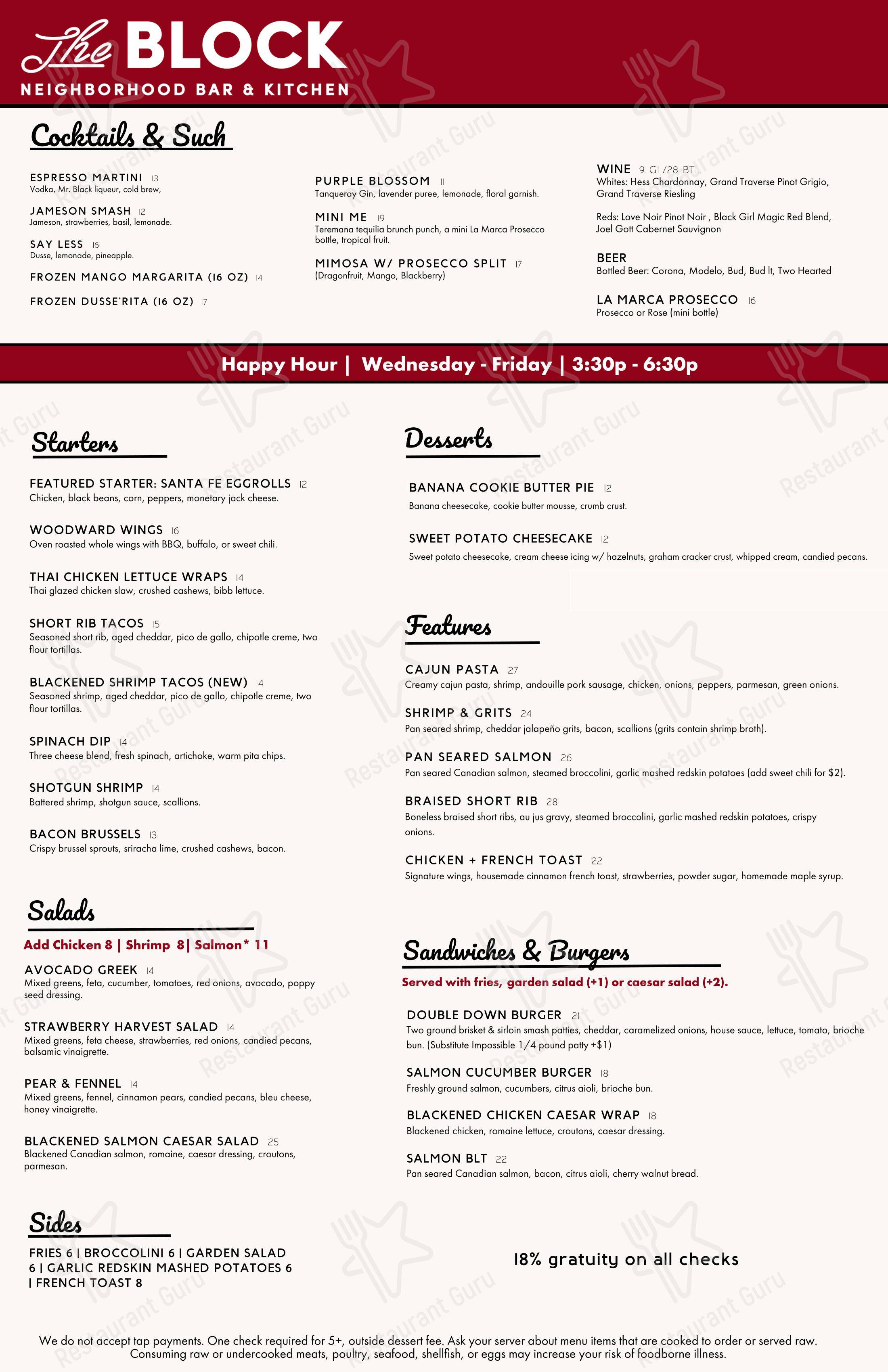 Menu at The Block restaurant, Detroit