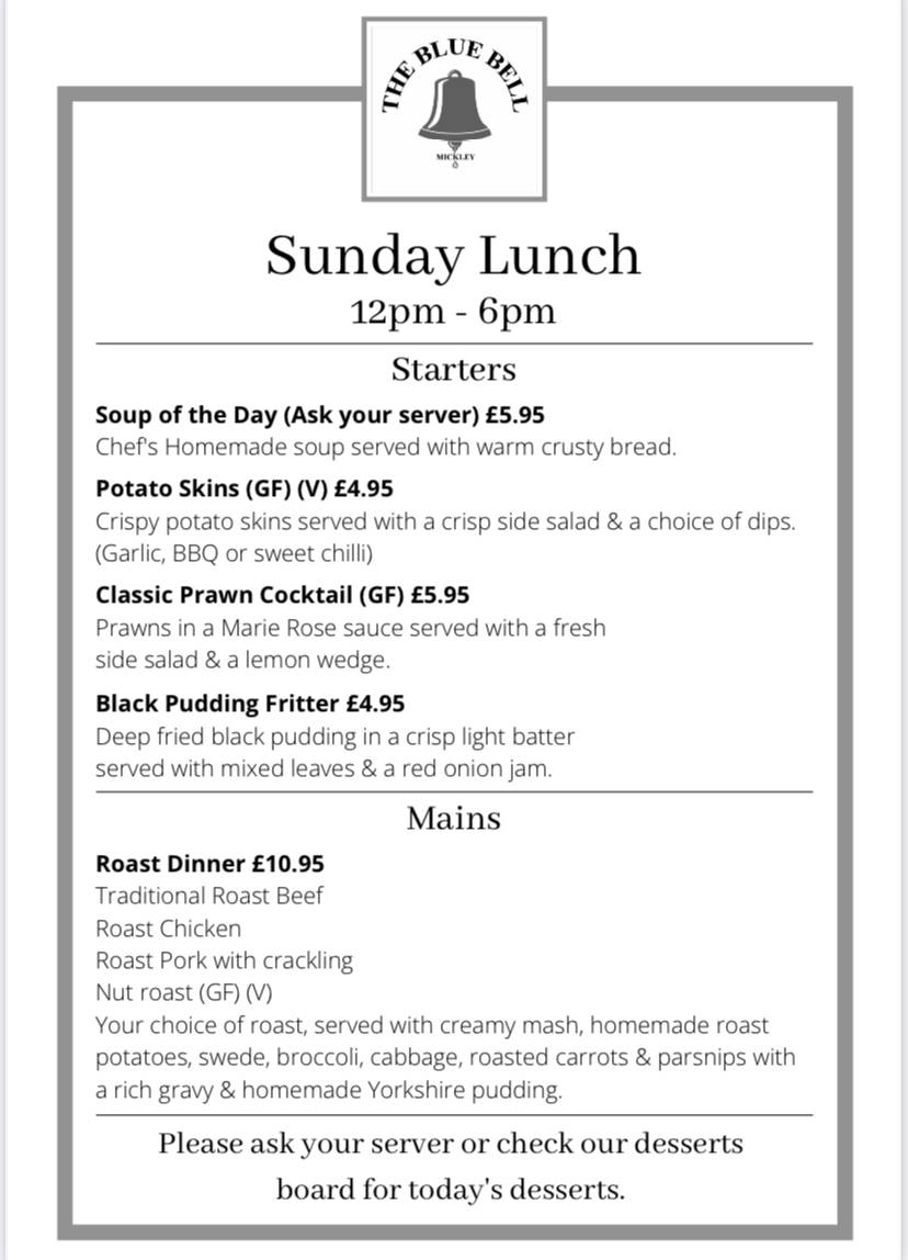 Menu at Little Sicily at The Blue Bell, Stocksfield