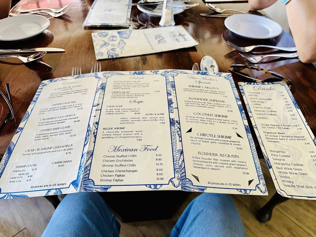 Menu at The Blue Marlin restaurant, Puerto Peñasco