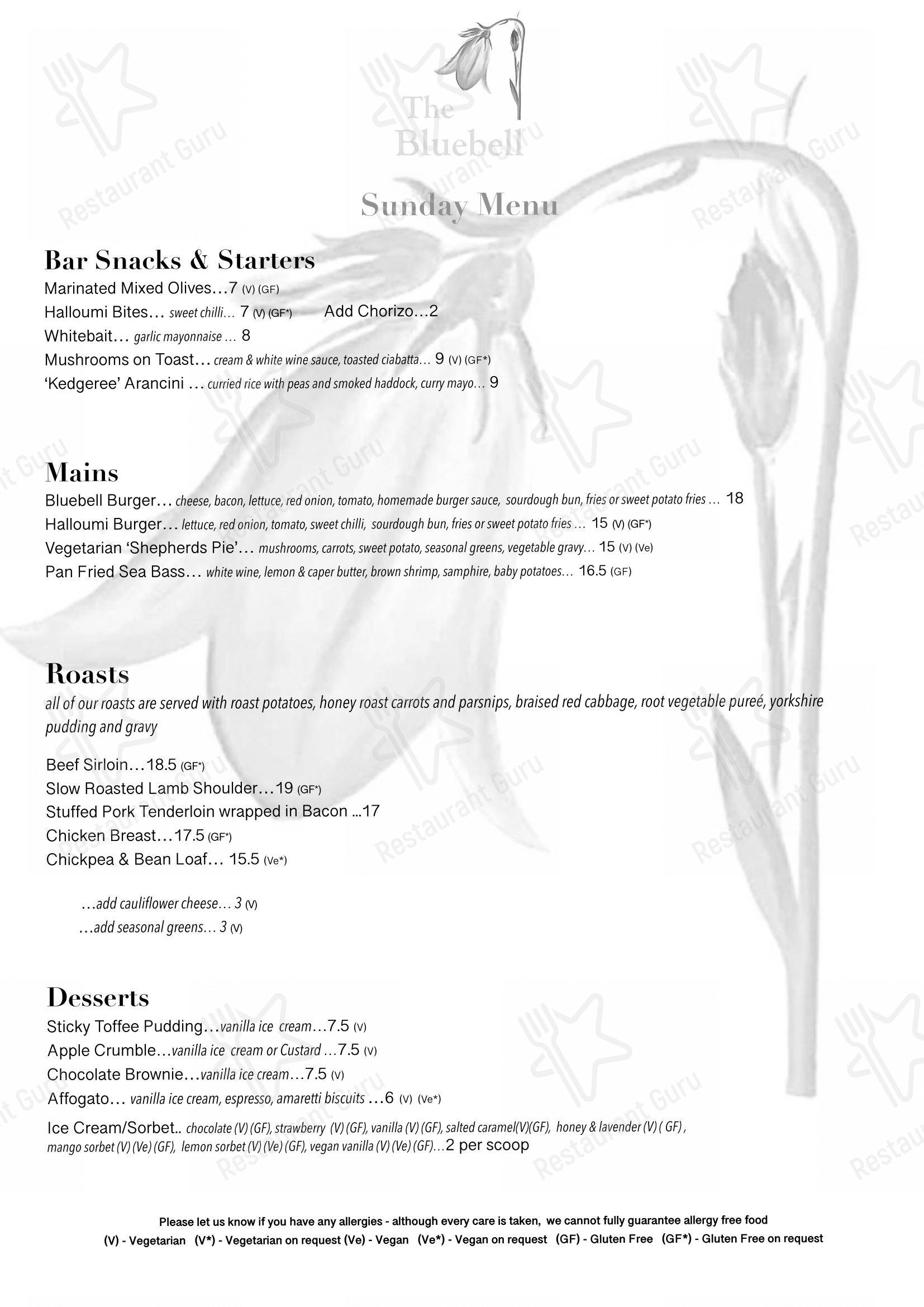 Menu at The Bluebell pub & bar, Farnham