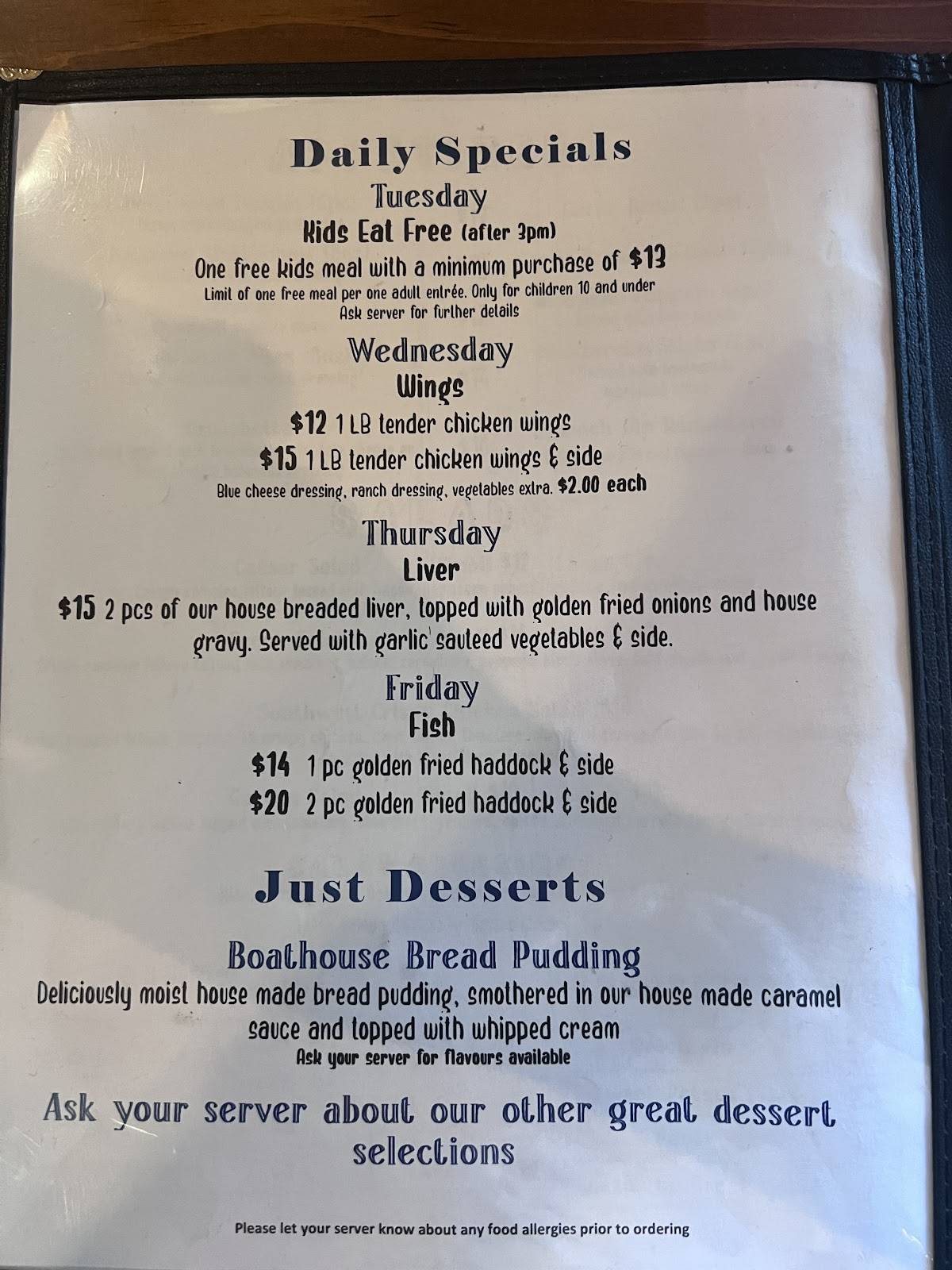 Menu at The Boat House Restaurant, Port Rowan