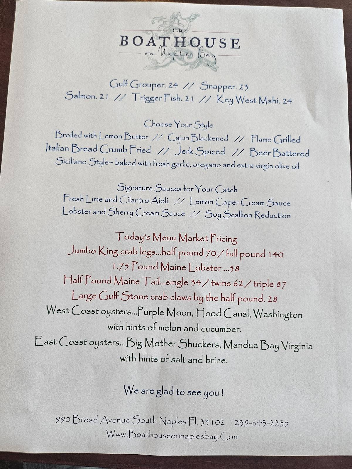 Menu at The Boathouse On Naples Bay restaurant, Naples