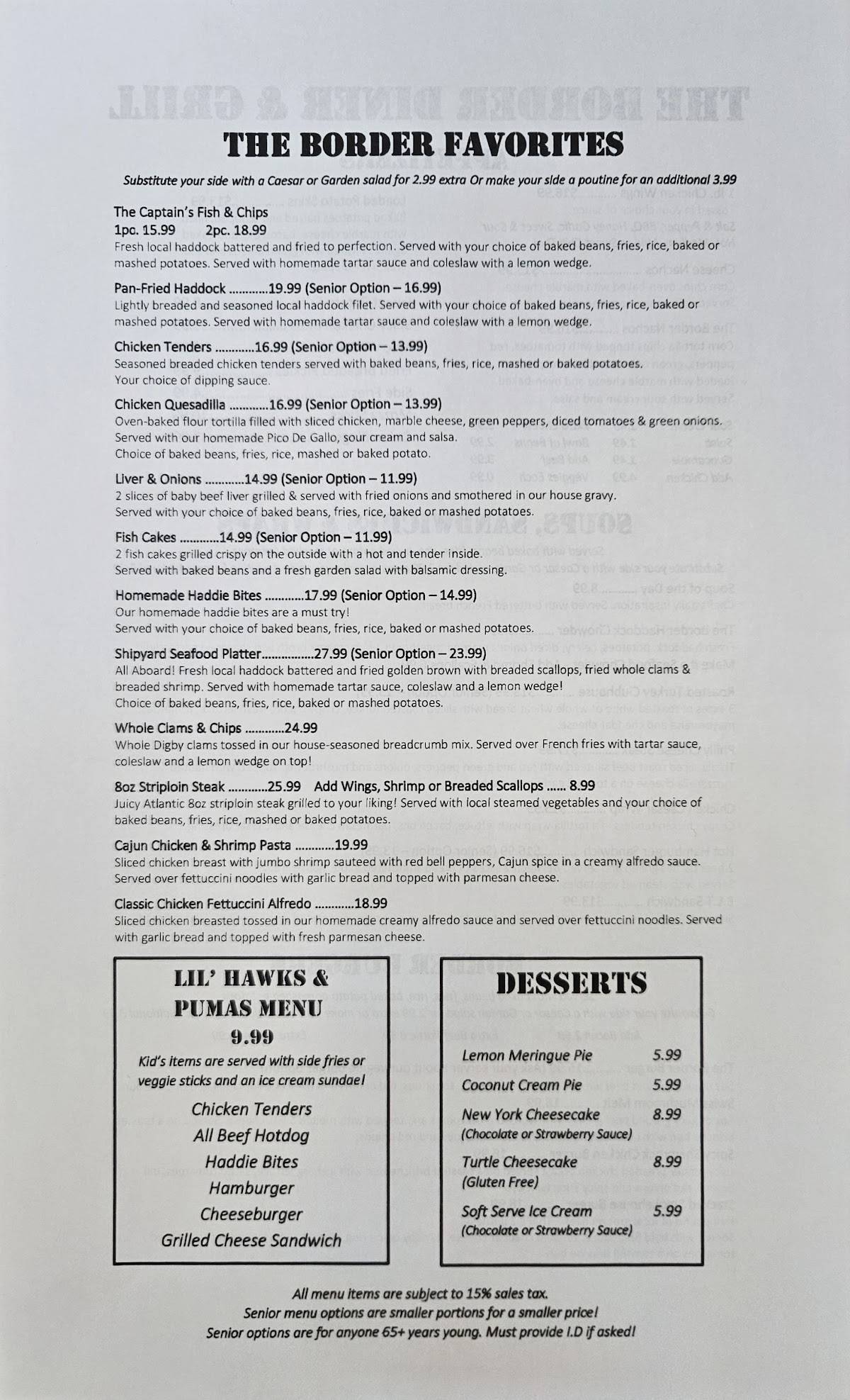 Menu at The Border Diner & Grill restaurant, Hantsport
