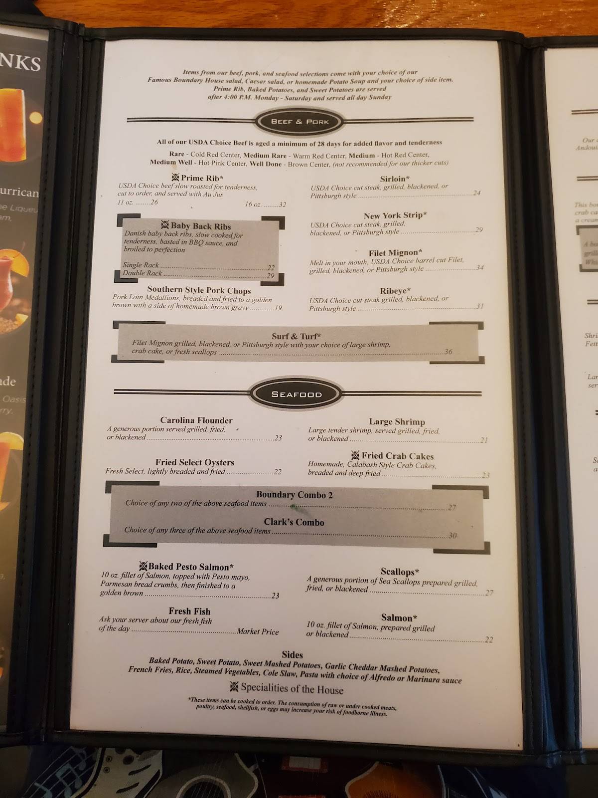 Menu at The Boundary House Restaurant, Calabash