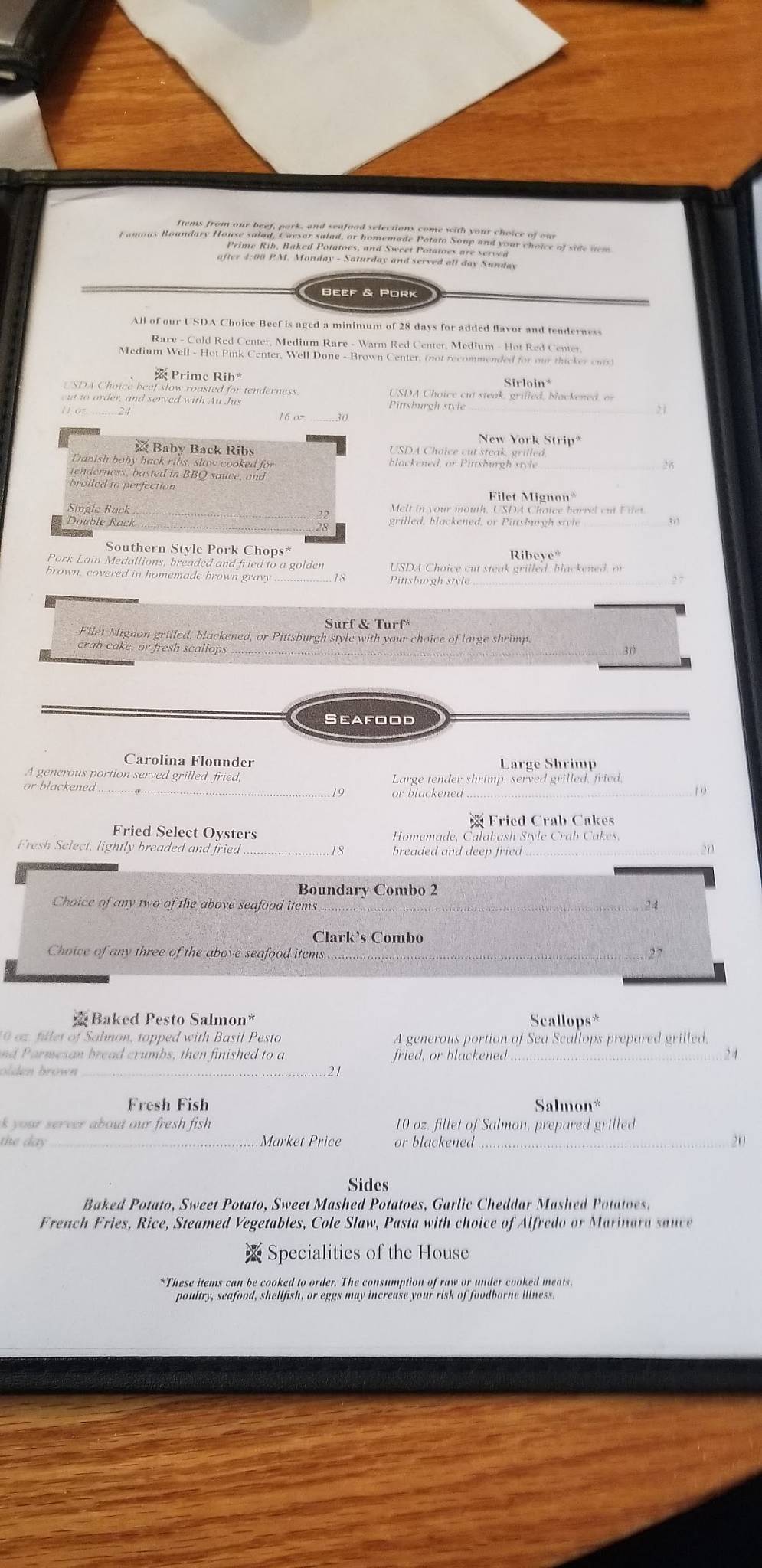 Menu at The Boundary House Restaurant, Calabash