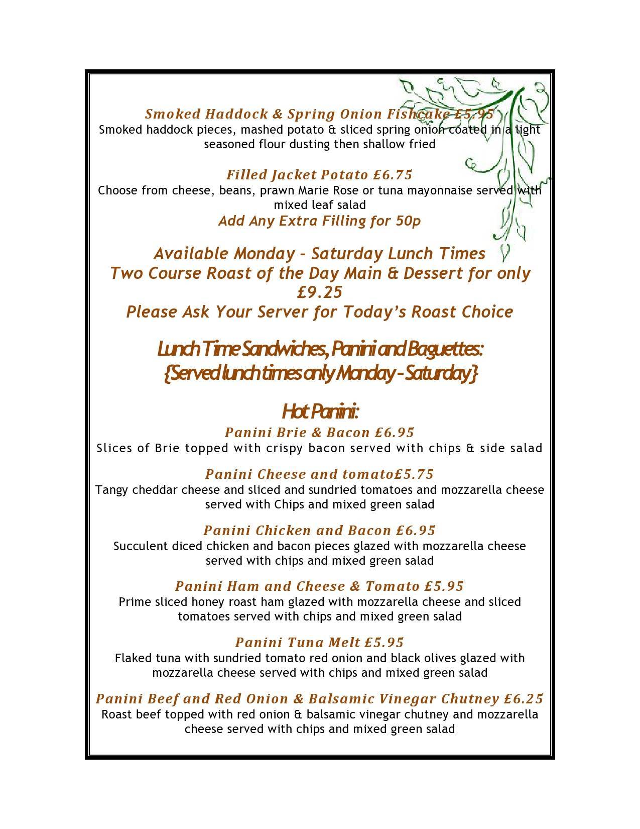 Menu at The Bradford Arms pub & bar, Brewood