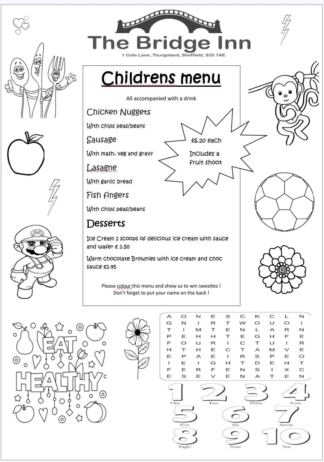 Menu at The Bridge Inn pub & bar, Sheffield, Thurgoland