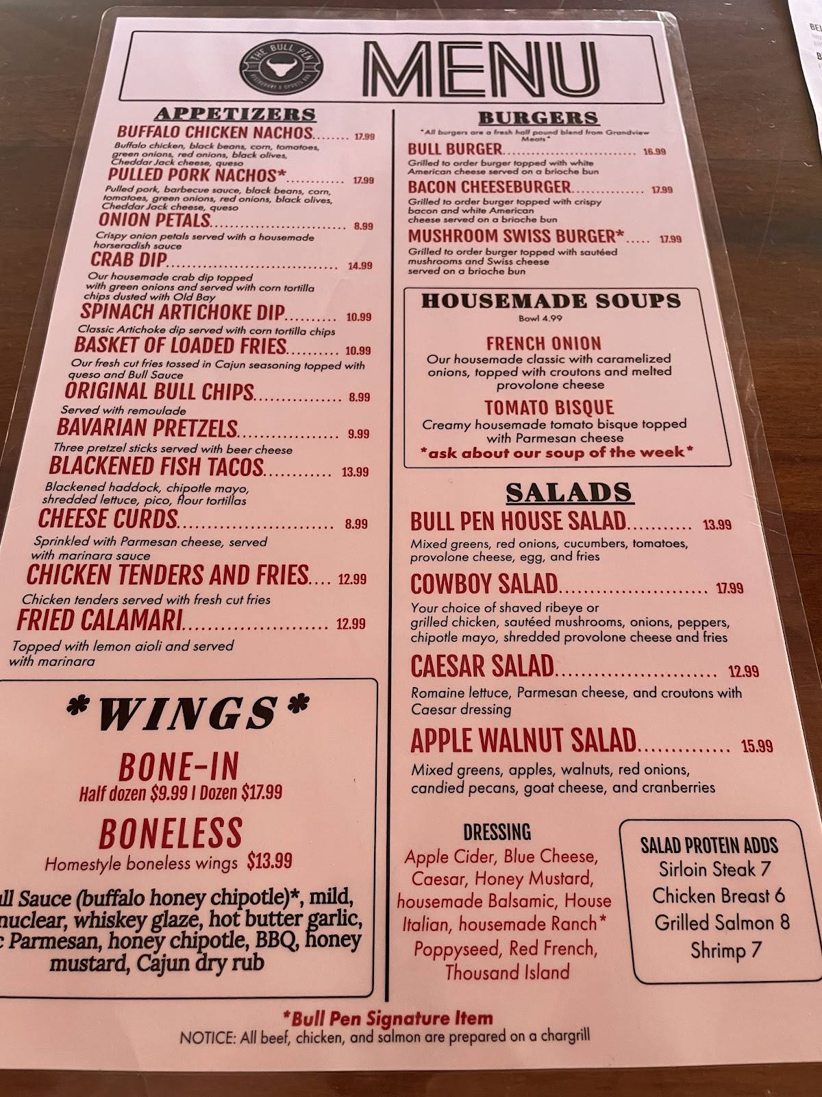 Menu at The Bull Pen Restaurant & Sports Bar, Tyrone