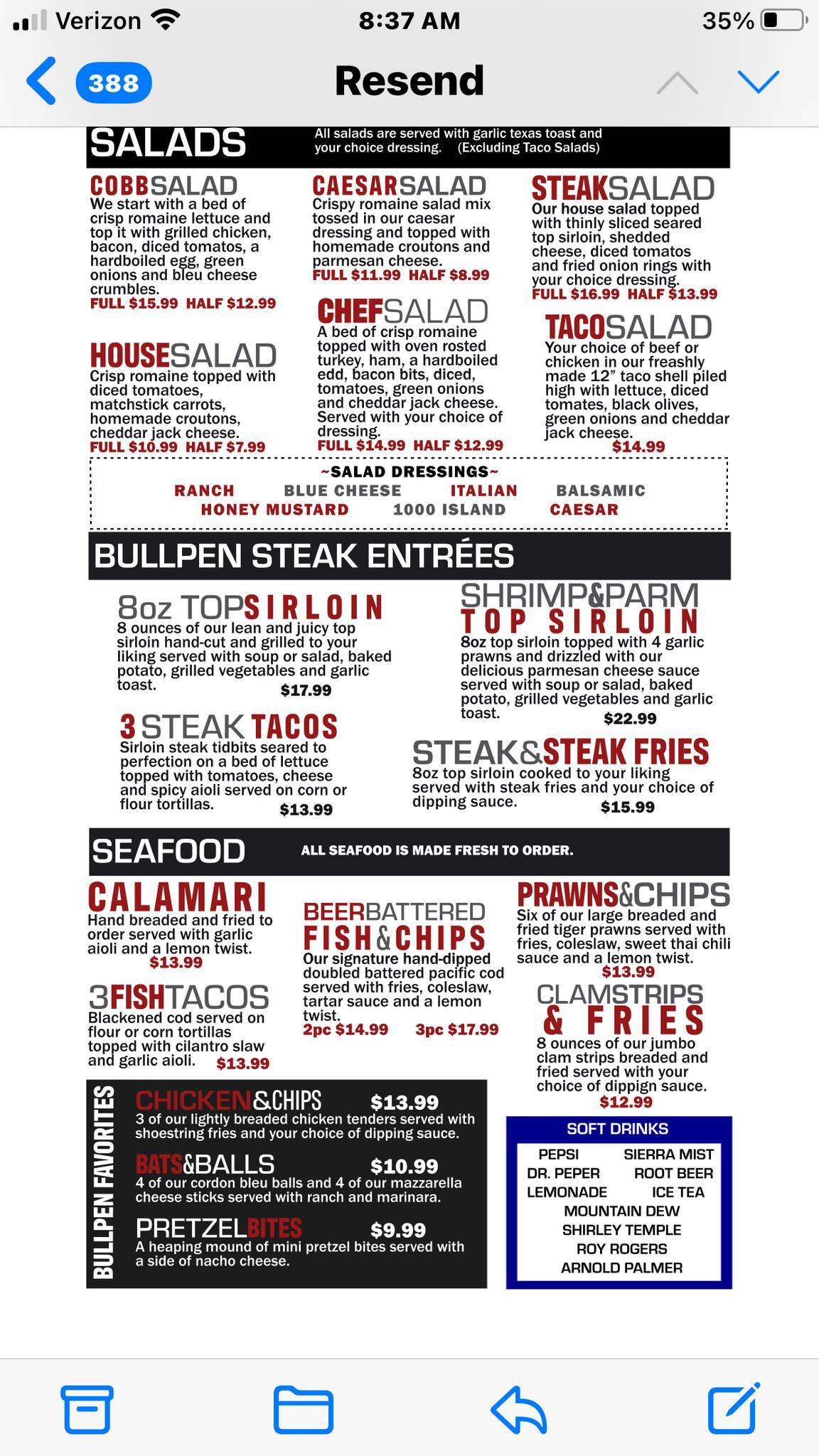 Menu at The Bull Pen Sports Bar and Grill, Sedro-Woolley