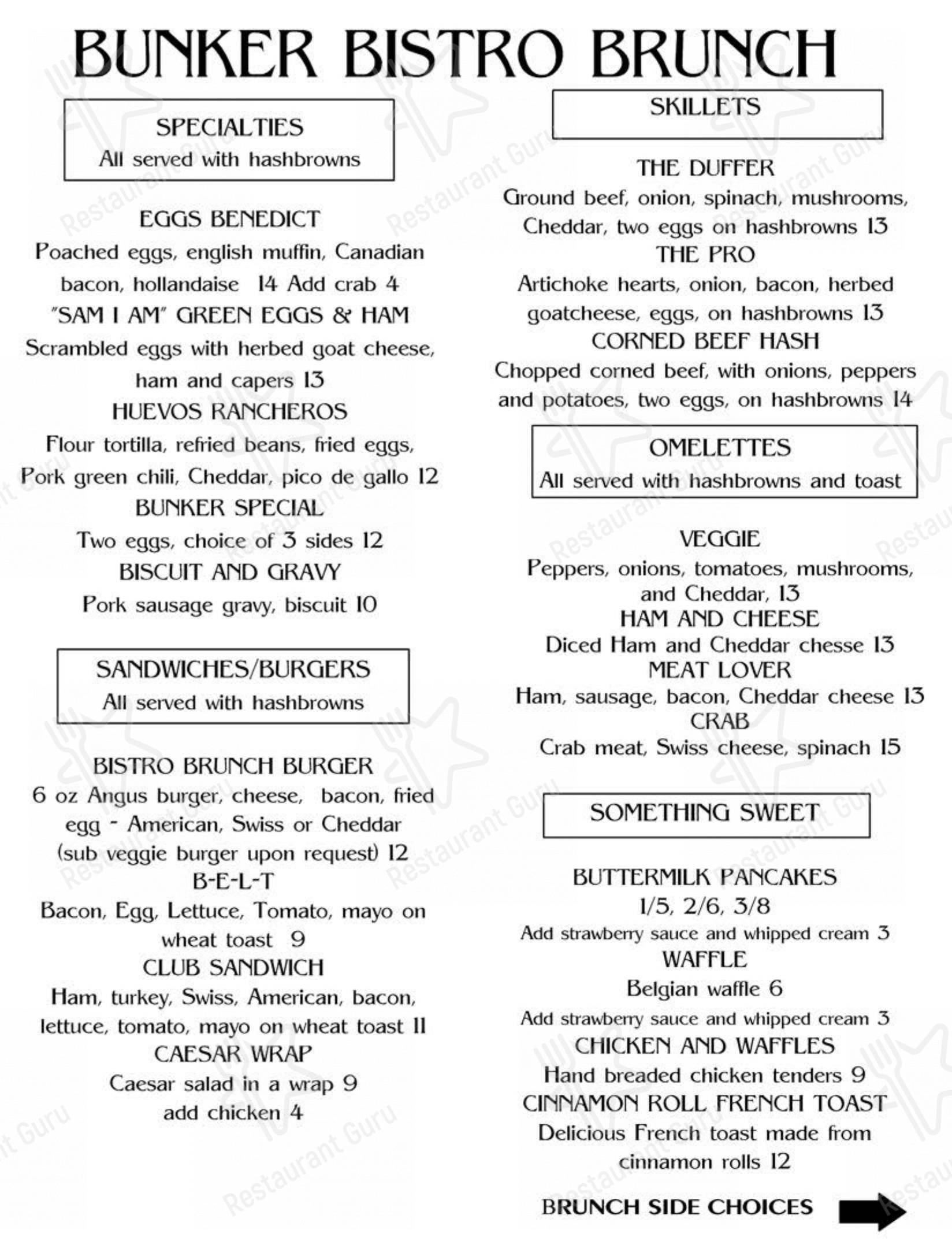Menu at The Bunker Bistro restaurant, Lake Monticello