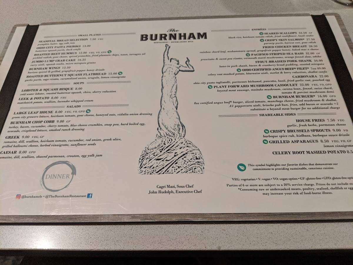 Menu at The Burnham restaurant, Cleveland