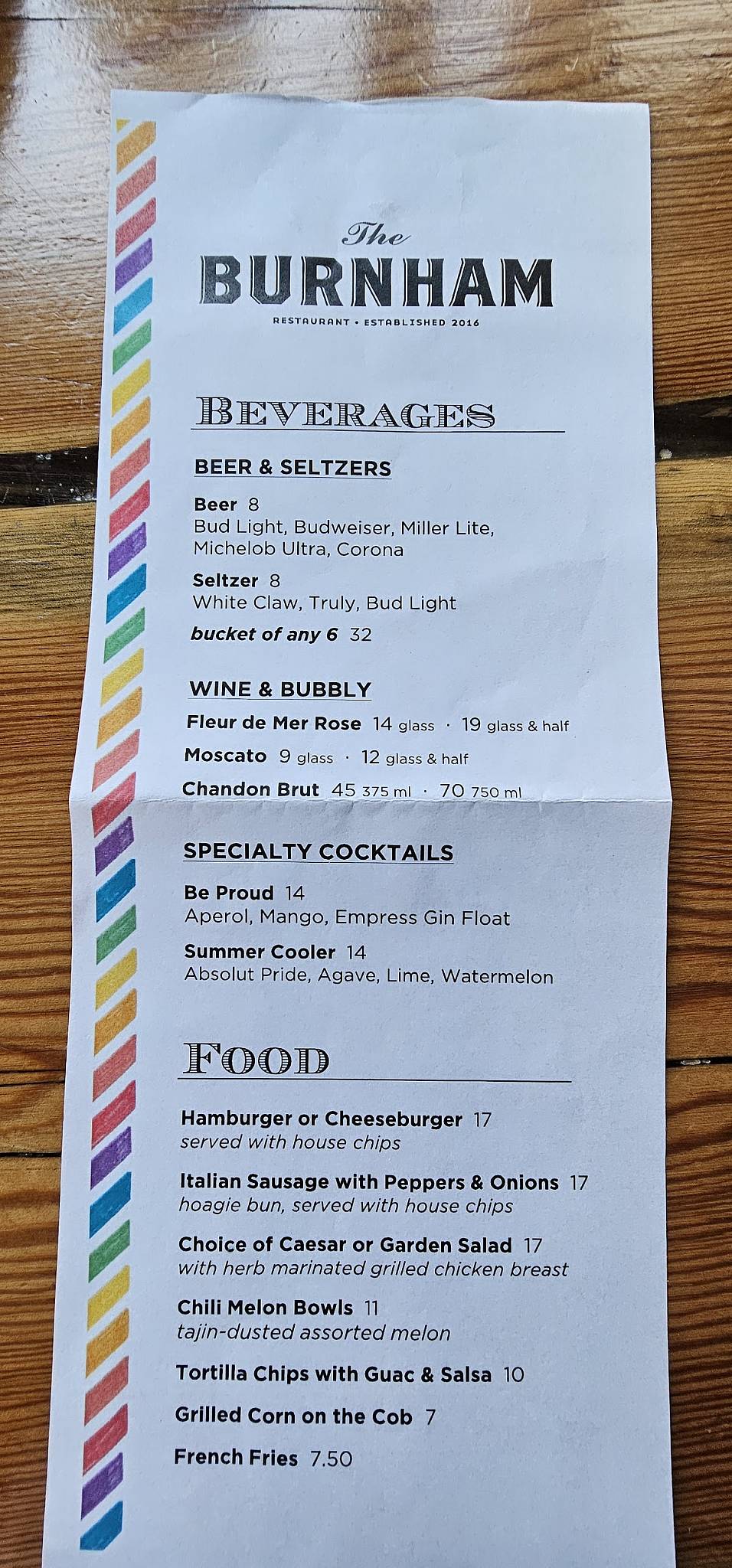 Menu at The Burnham restaurant, Cleveland