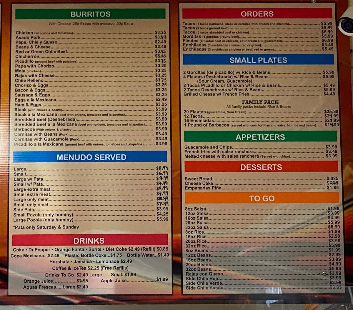Menu at Burrito House restaurant, El Paso, Dyer St