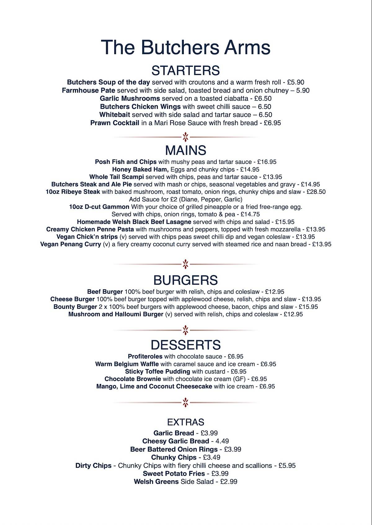 Menu at The Butchers Arms - Grill Pub & Bunkhouse, Merthyr Tydfil