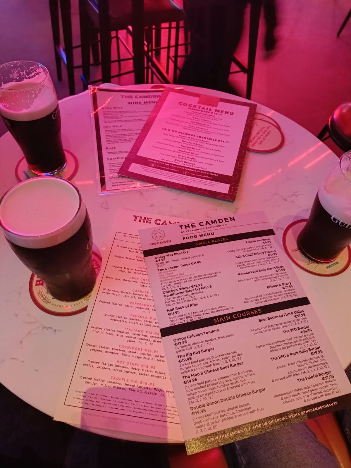 Menu at The Camden pub & bar, Dublin