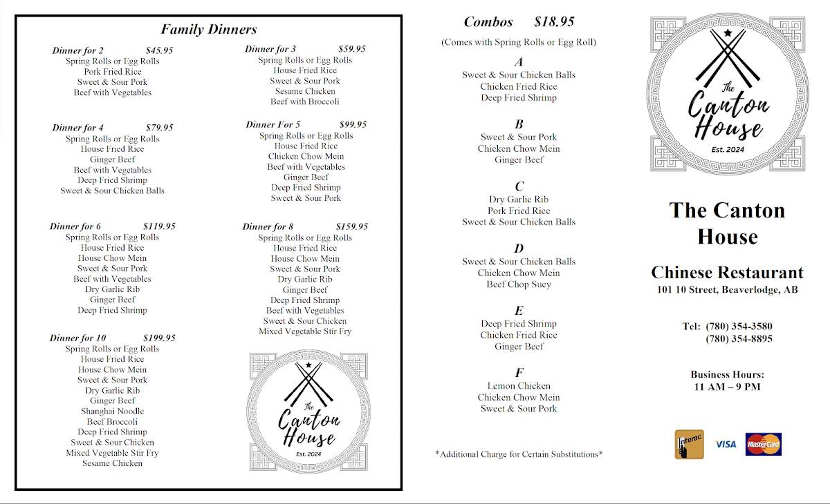 Menu at The Canton House restaurant, Beaverlodge, 101 10 St
