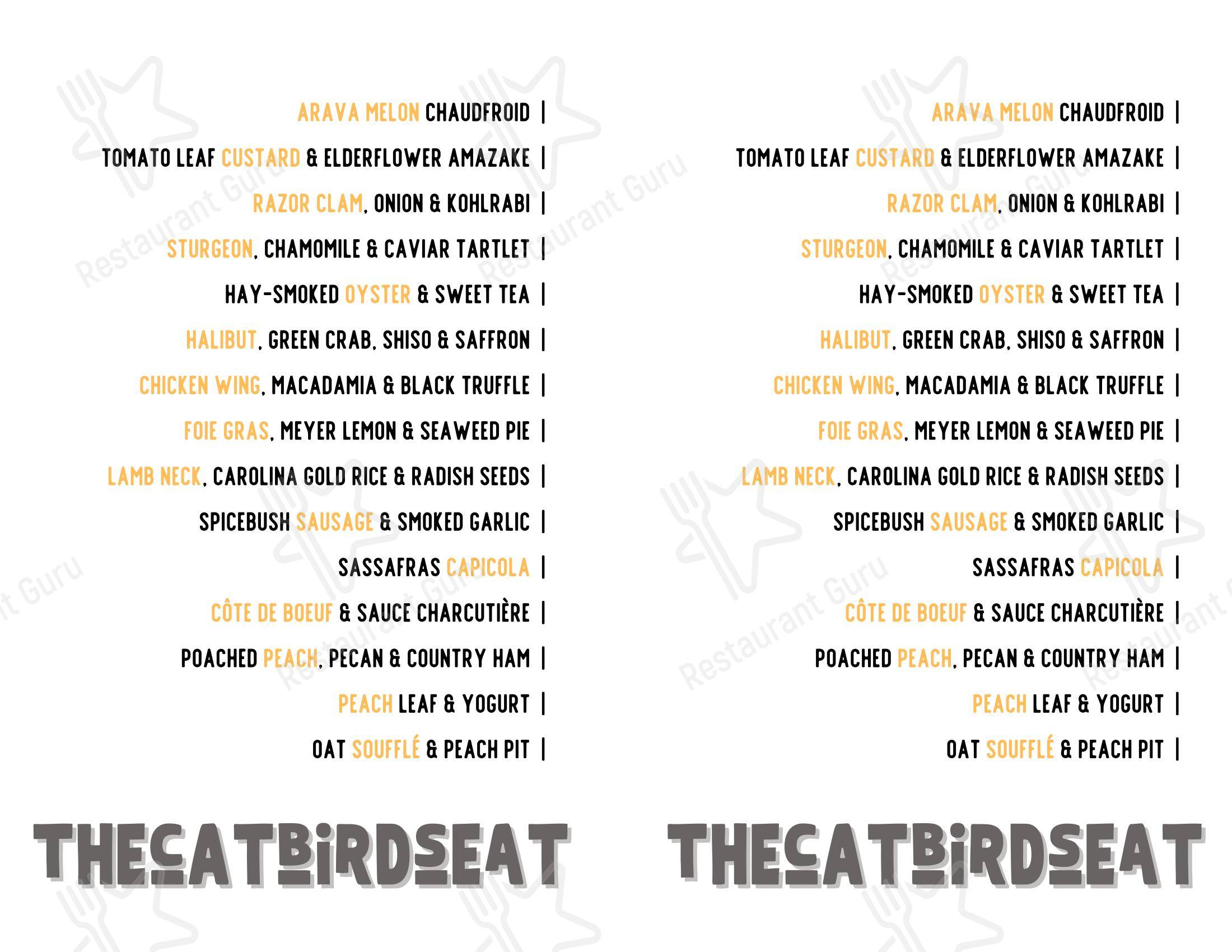 Menu at The Catbird Seat restaurant, Nashville