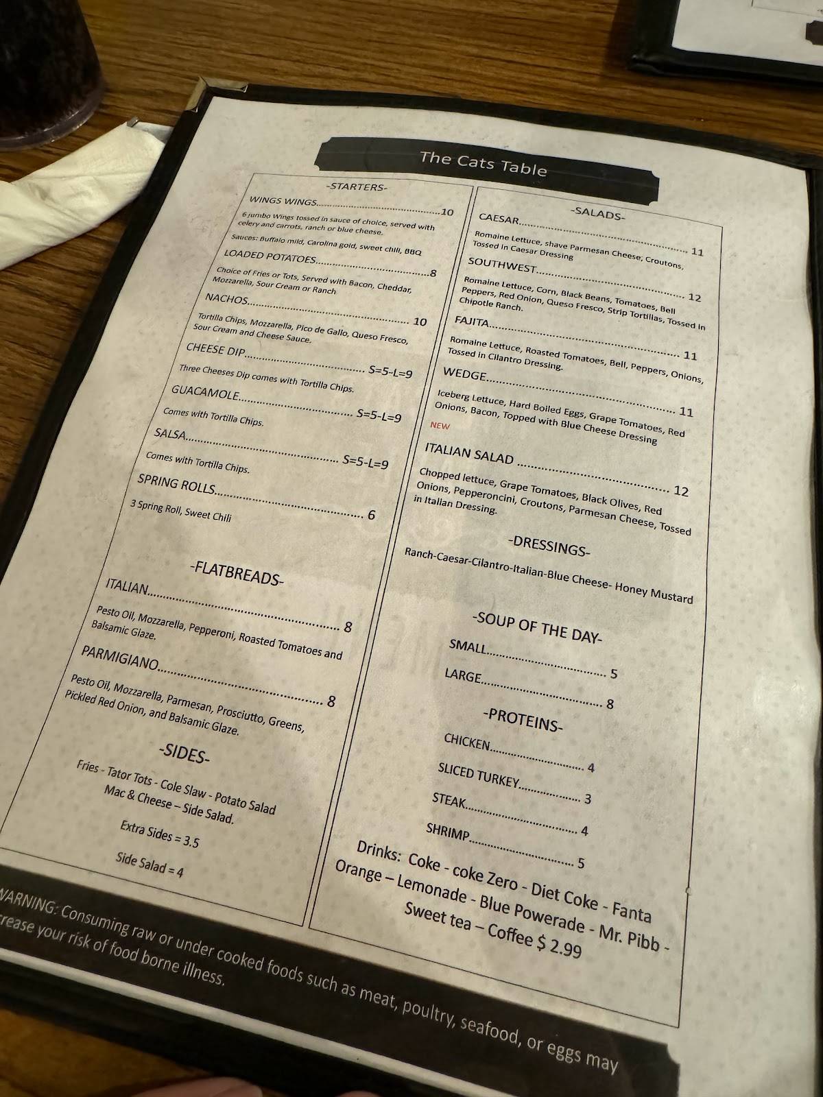 Menu at The Cat’s Table restaurant, Cullowhee