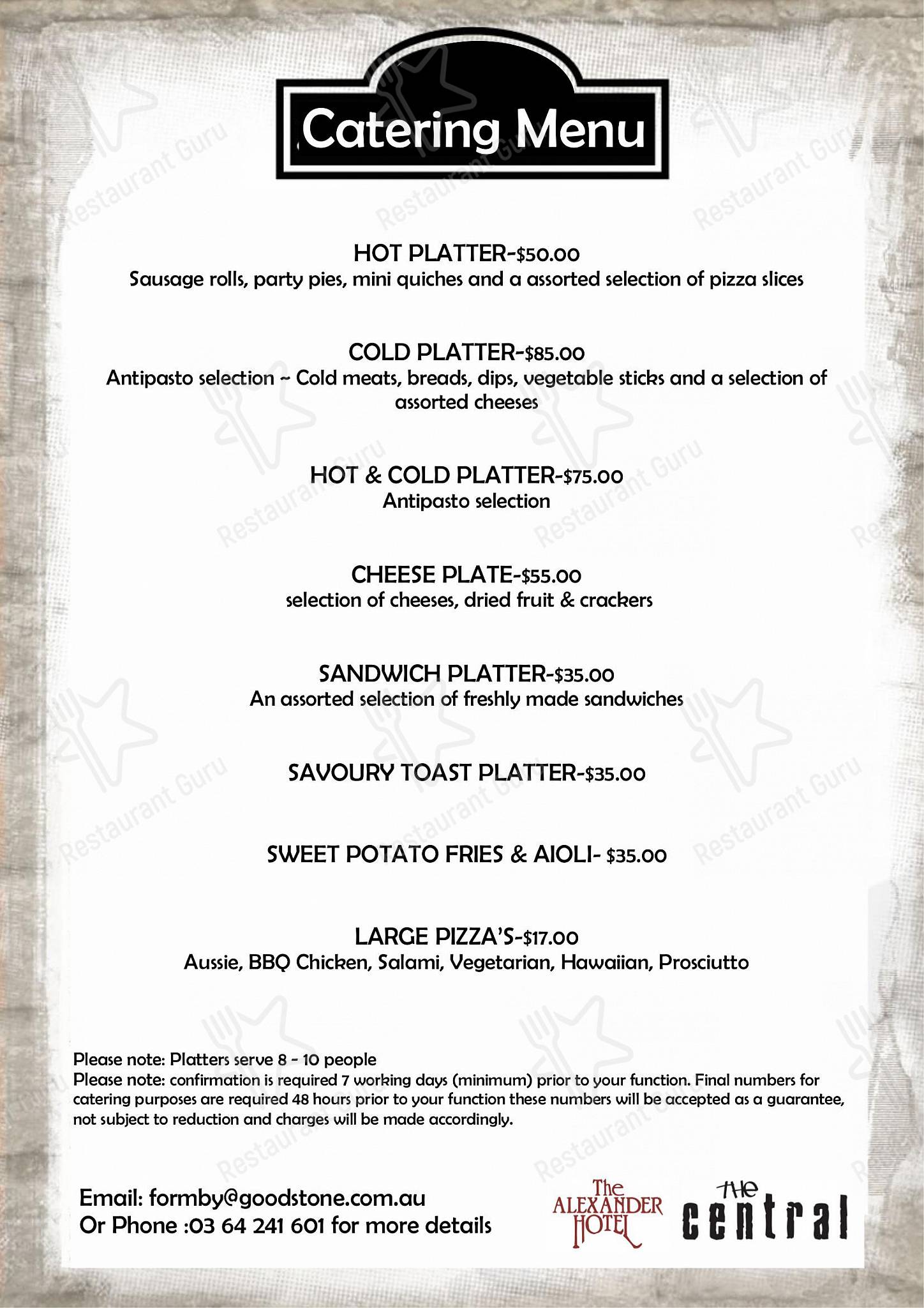 Menu at Central Bar & Restaurant, Devonport