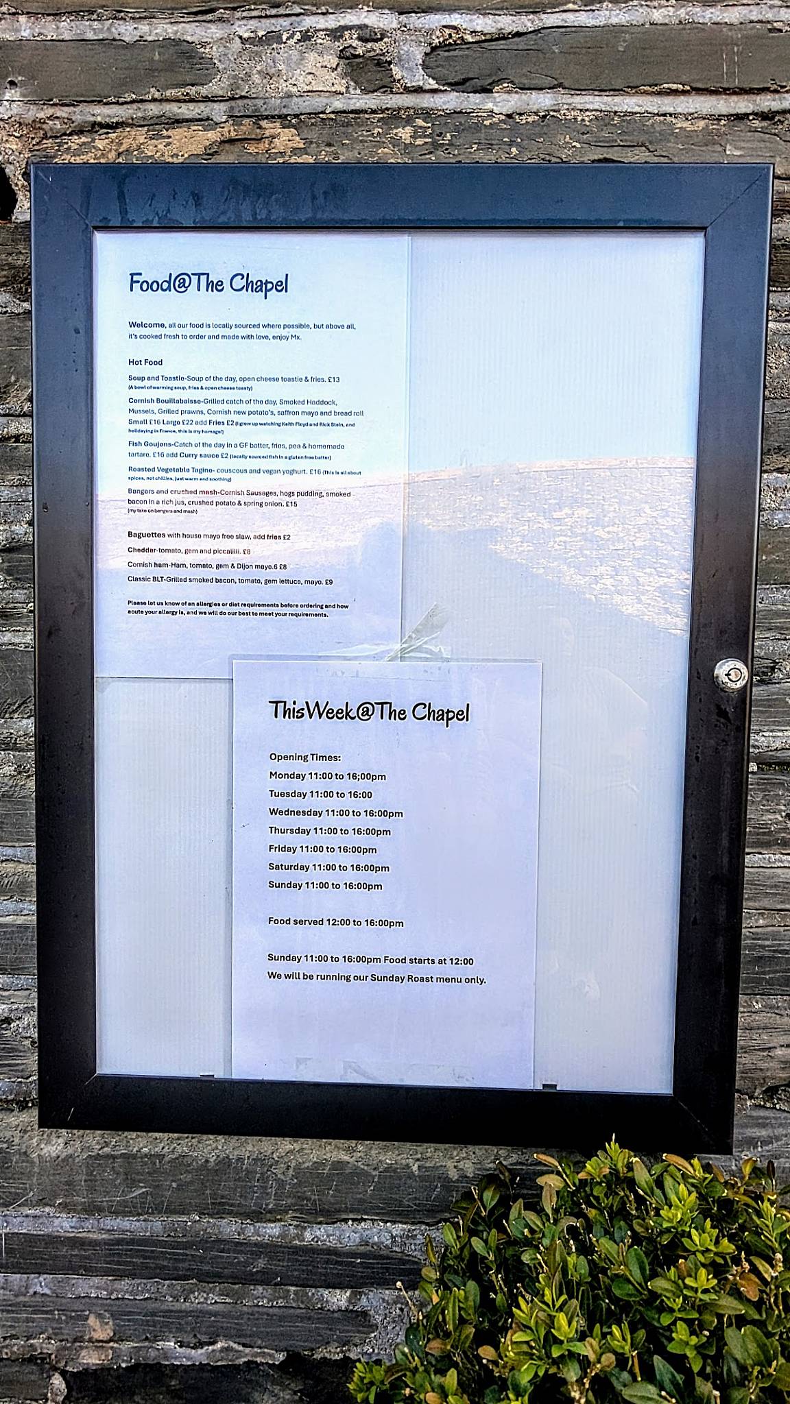 Menu at The Chapel, Port Isaac cafe, Port Isaac