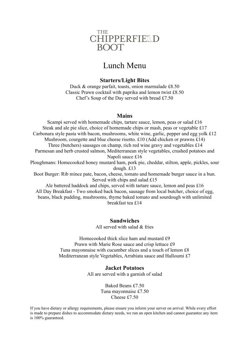 Menu at The Chipperfield Boot pub & bar, Kings Langley, Tower Hill