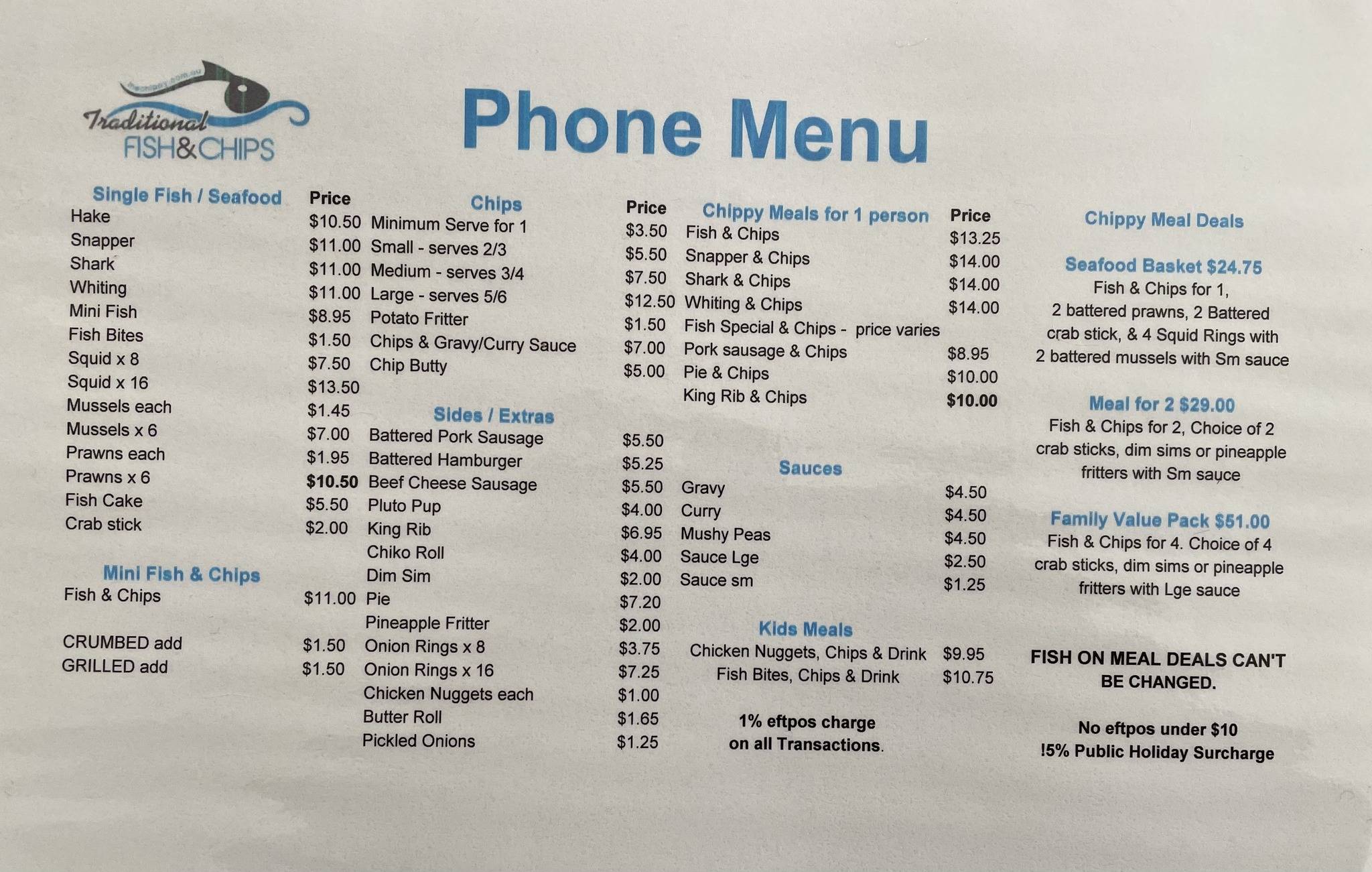 Menu at PORT KENNEDY FISH AND CHIPS ( THE CHIPPY) restaurant, Port Kennedy