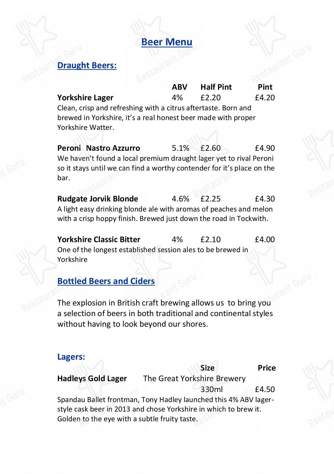 Menu at The Churchill Hotel pub & bar, York