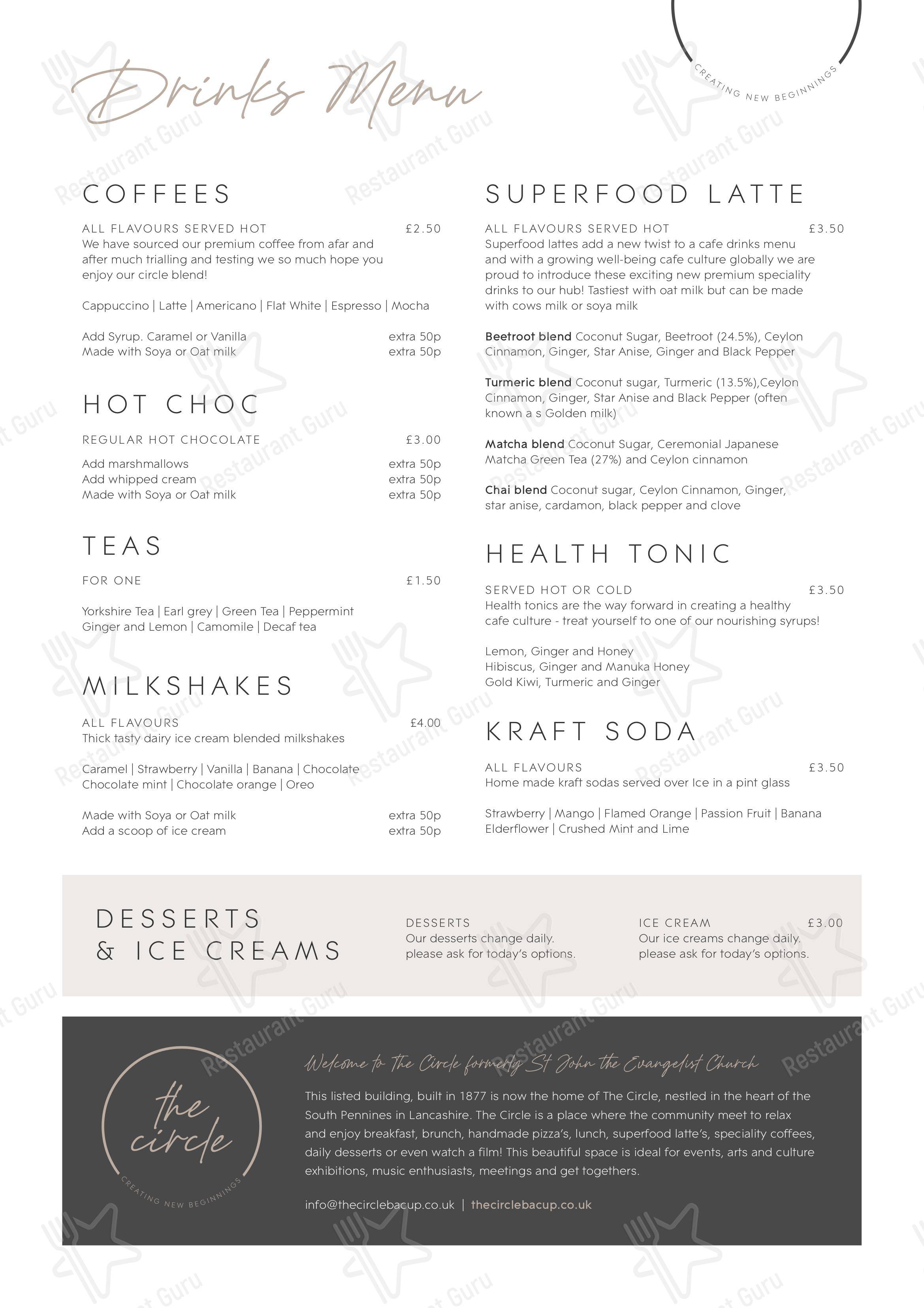 Menu at The Circle restaurant, Bacup