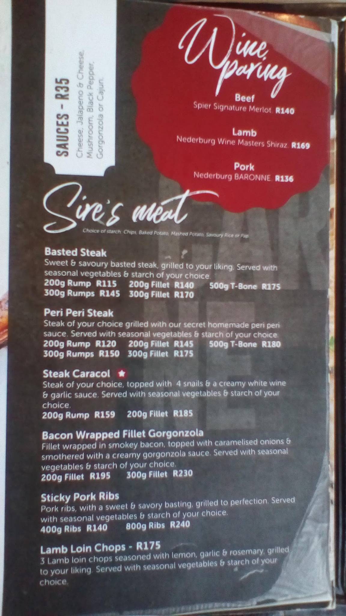 Menu at The Coachman Restaurant, Dullstroom